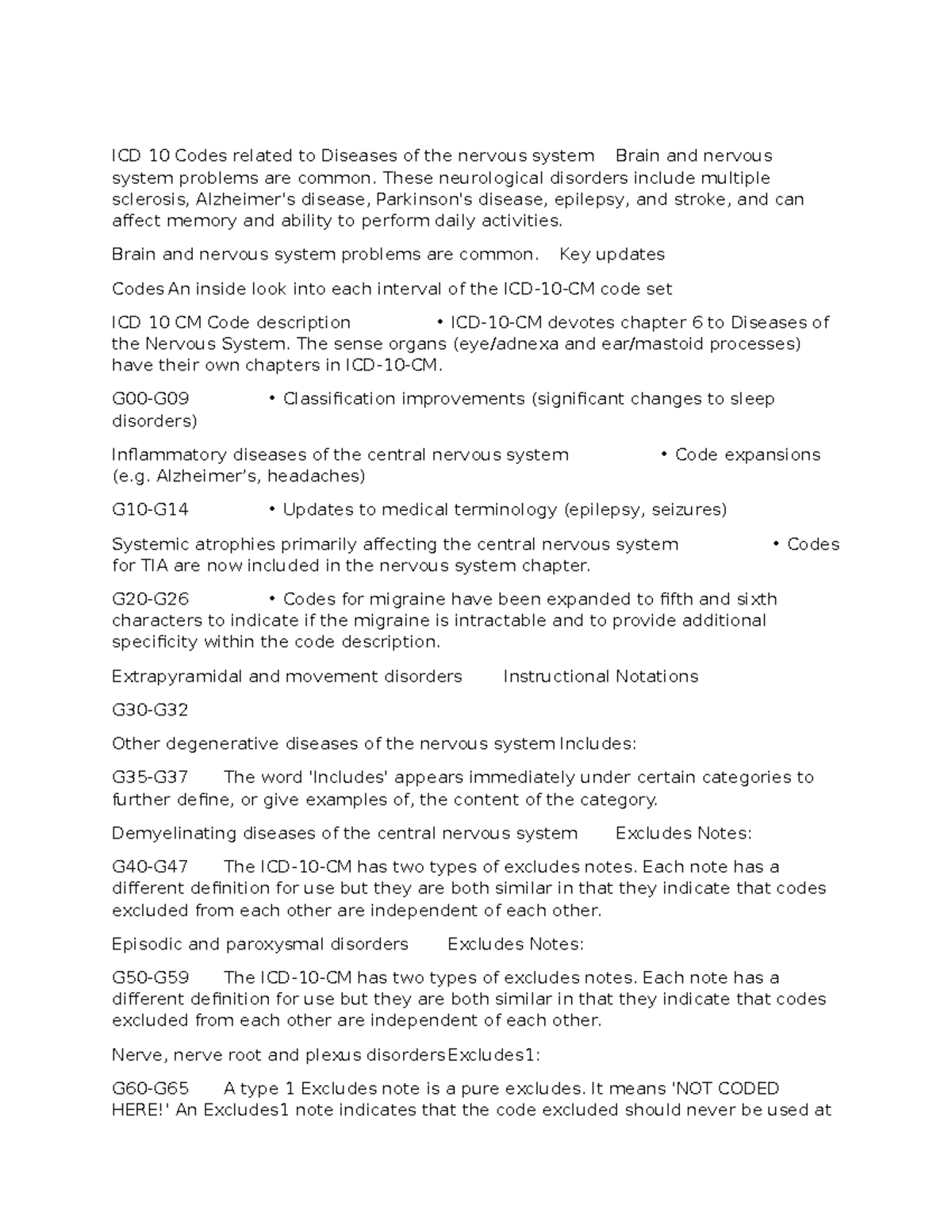 (G00–G99) Diseases of the Nervous System - ICD 10 Codes related to Diseases of the nervous ...