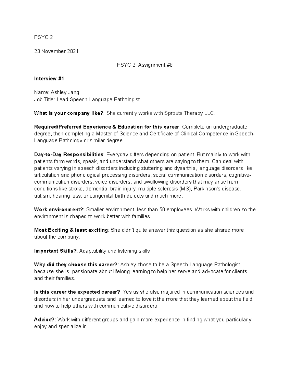 PSYC2 Interview - PSYC 2 23 November 2021 PSYC 2: Assignment ...