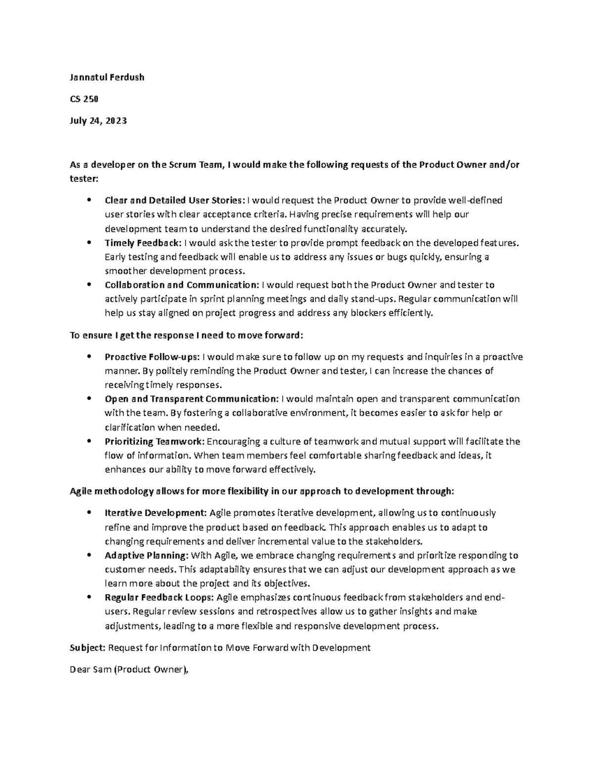 CS250 module 5 journal - Course work - Jannatul Ferdush CS 250 July 24, 2023 As a developer on ...