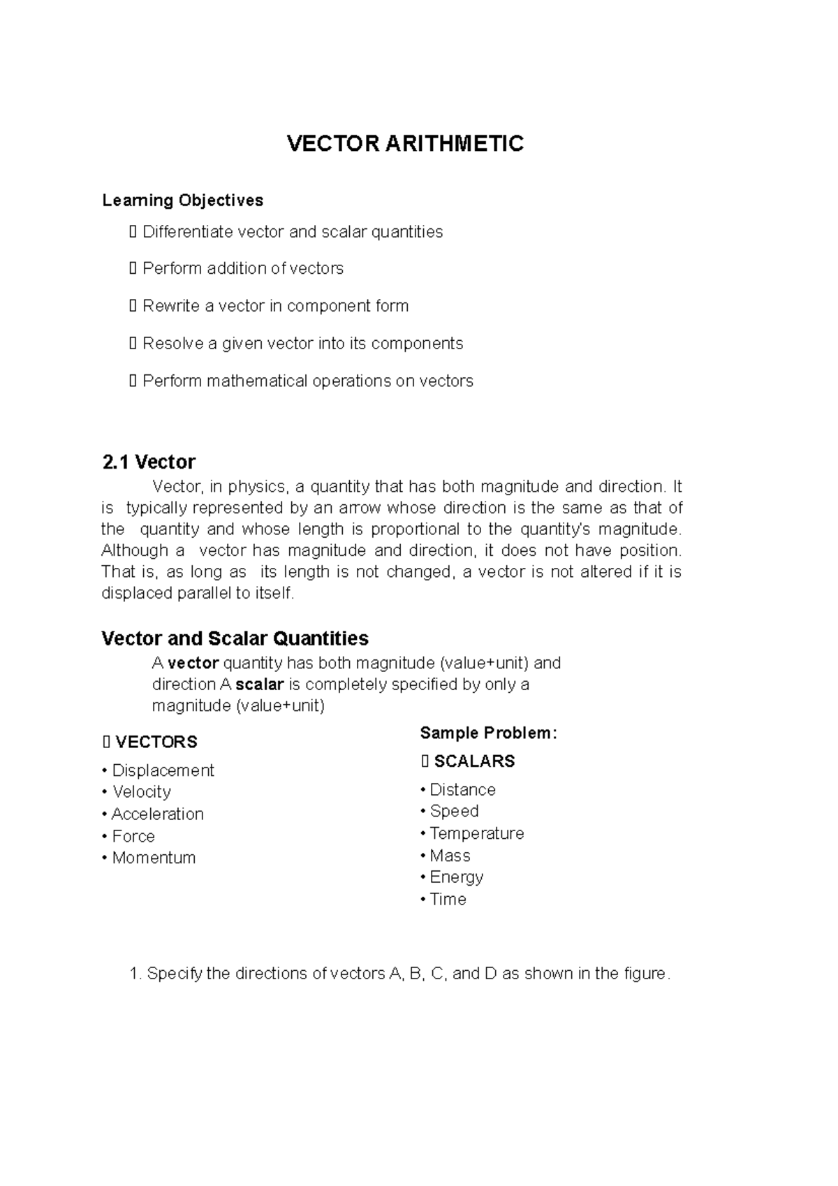 Vector Arithmetic - VECTOR ARITHMETIC Learning Objectives ...