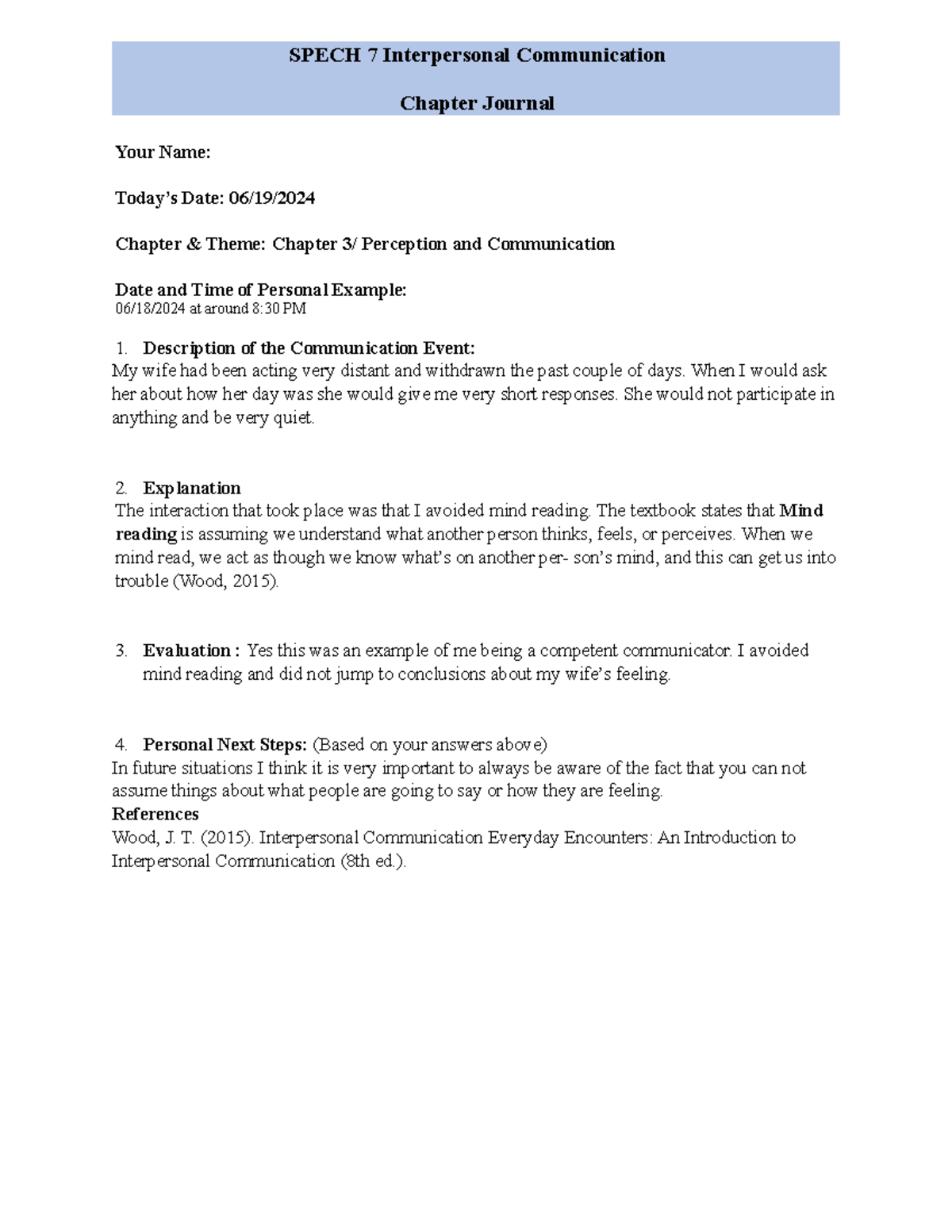 Spech 7 Journal Template Blank - SPECH 7 Interpersonal Communication ...