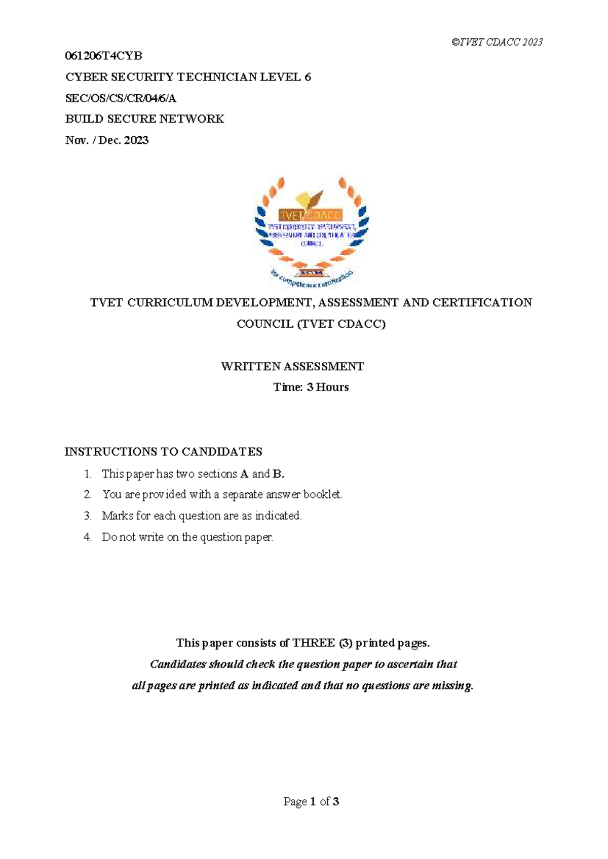 6-Build secure network - ©TVET CDACC 2023 Page 1 of 3 061206T4CYB CYBER ...