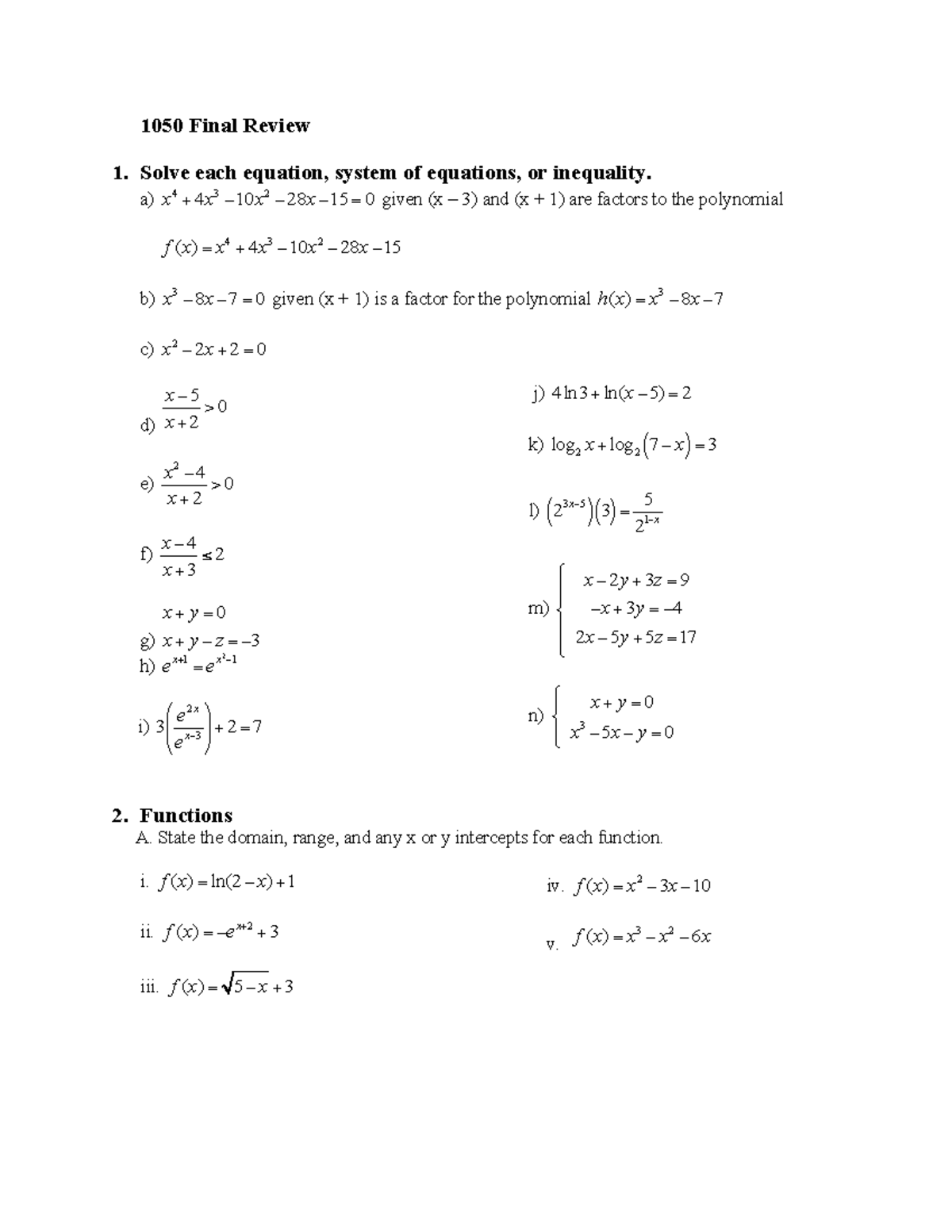 1050 Final Review - 1050 Final Review 1. Solve each equation, system of ...