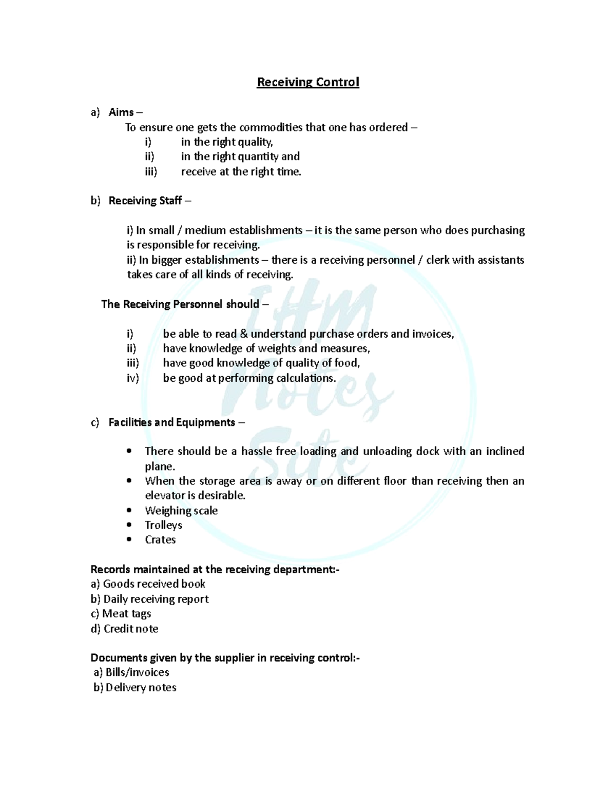 5-receiving-control notes - Receiving Control a) Aims – To ensure one ...