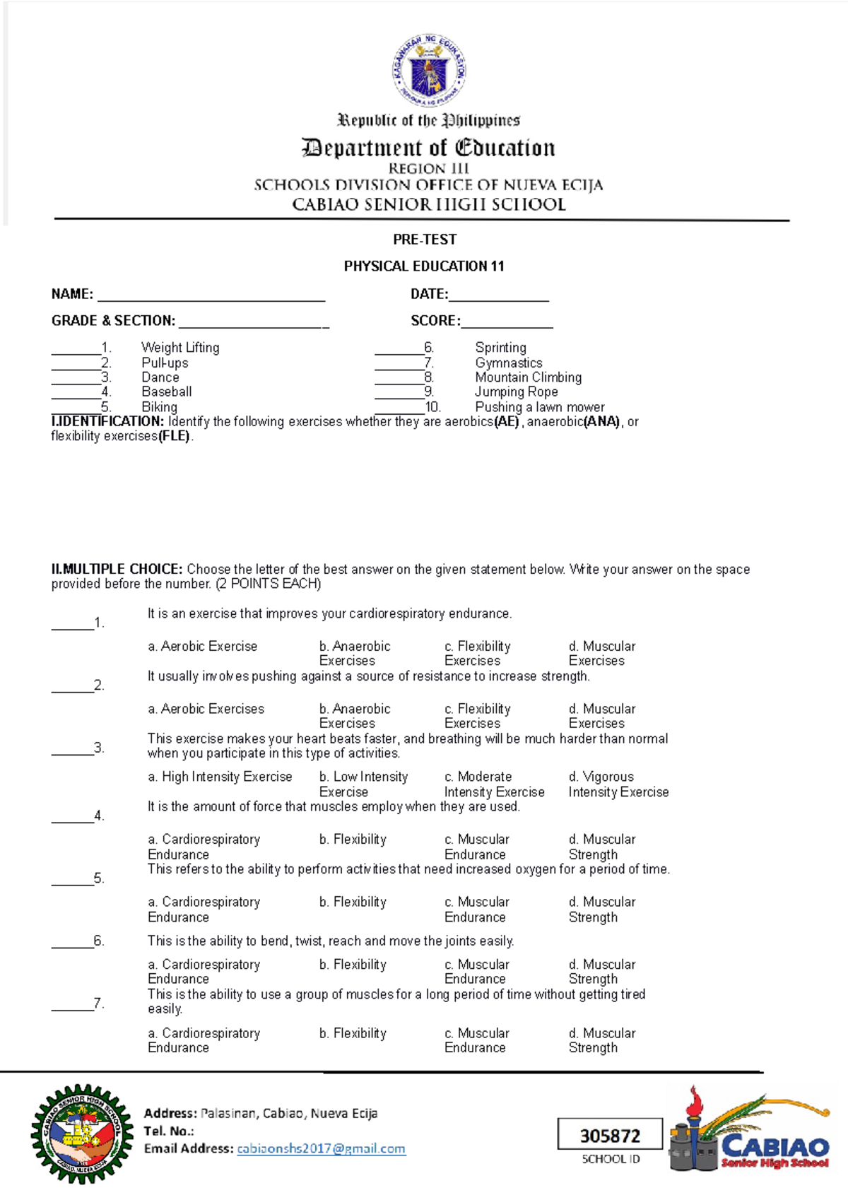 PRE-TEST- First SEM P.E 11 - PRE-TEST PHYSICAL EDUCATION 11 NAME ...