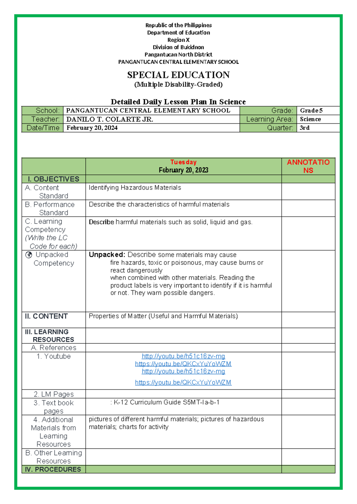 Lesson PLAN G5 - ####### Republic of the Philippines ####### Department ...