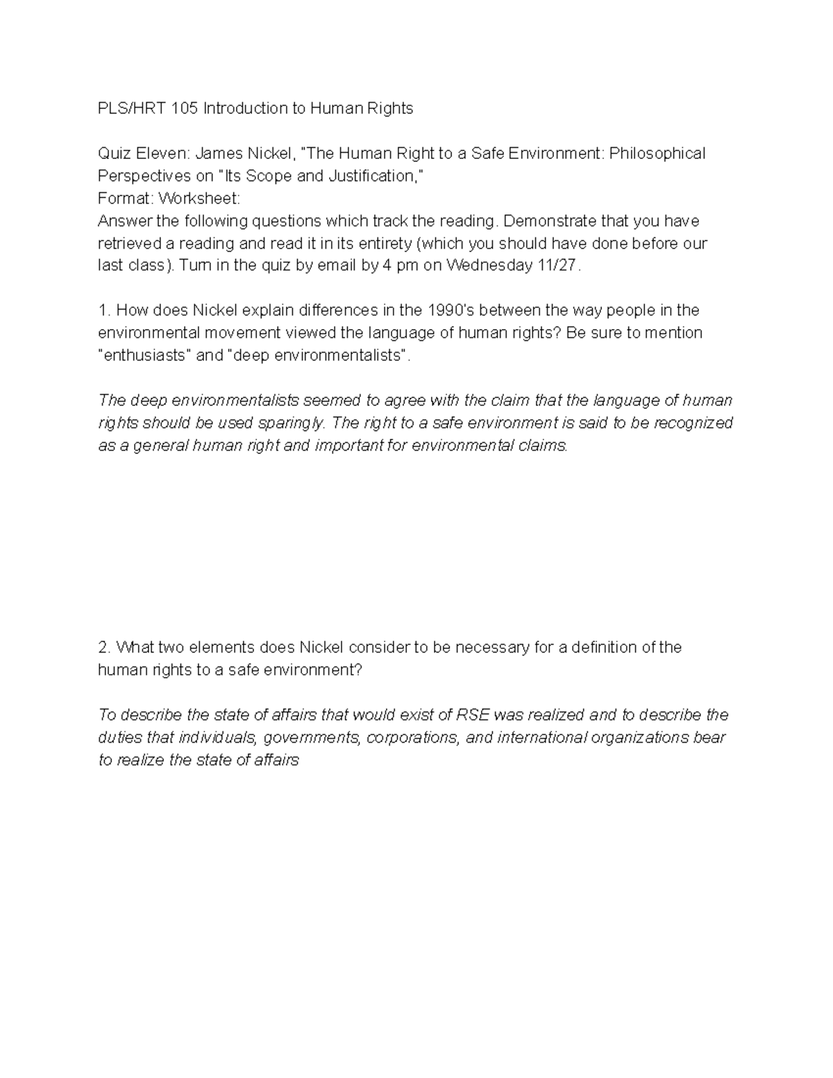 HR Quiz 11 - Guide for Human Rights. - PLS/HRT 105 Introduction to ...