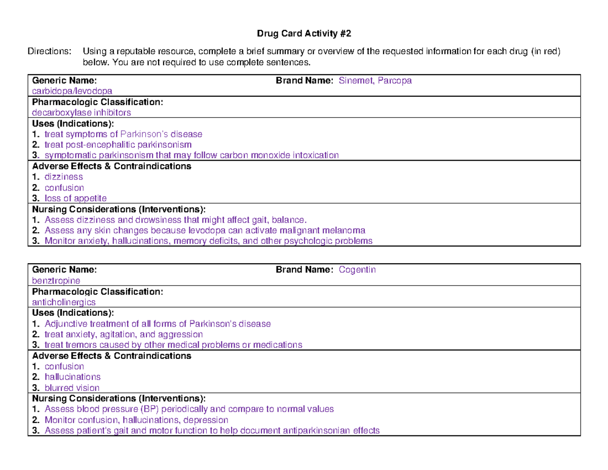 Drug Card Activity - Drug Sheet - Drug Card Activity # 2 Directions ...