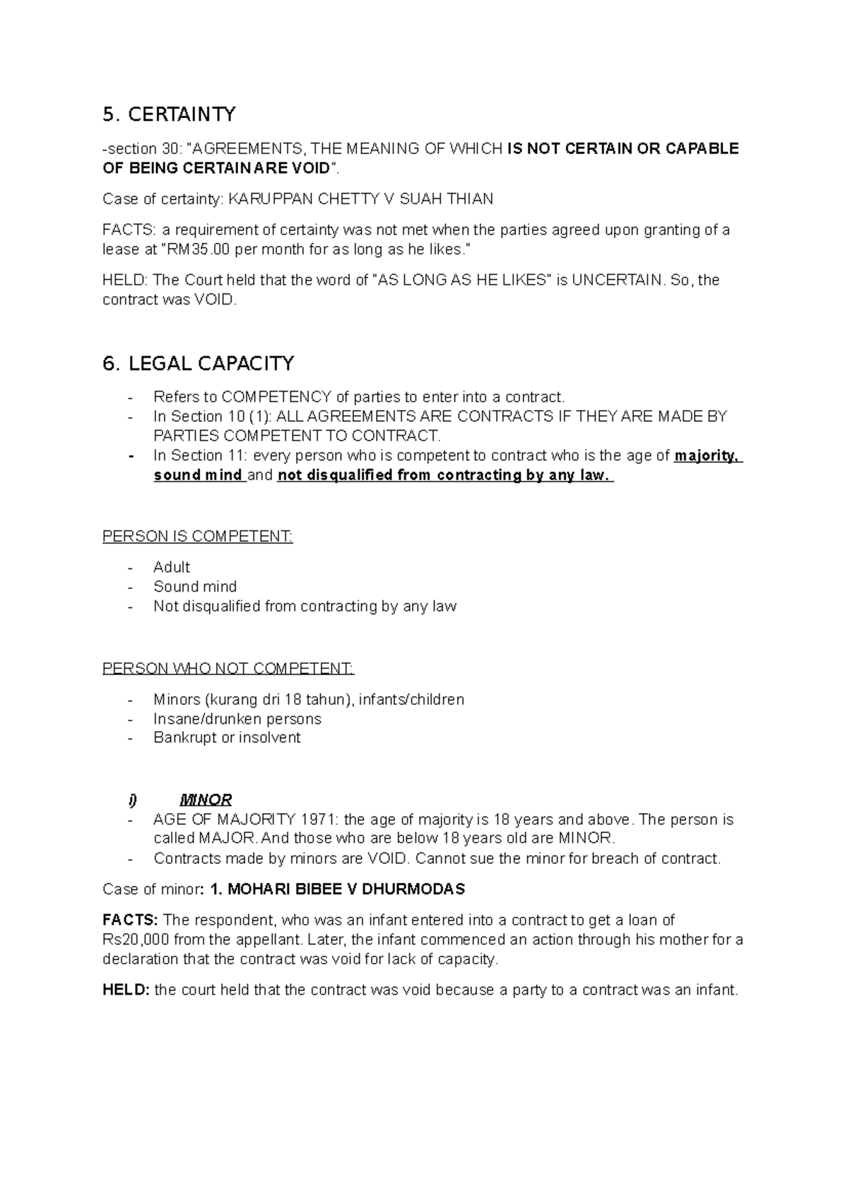 Law of contract full notes - 5. CERTAINTY -section 30: “AGREEMENTS, THE ...