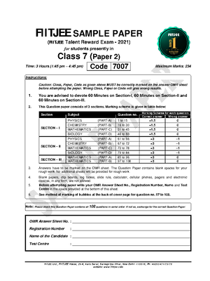 FTRE Sample Paper Class 7th Paper 1 - FIITJEE Lt d., FI I T JEE H ouse ...