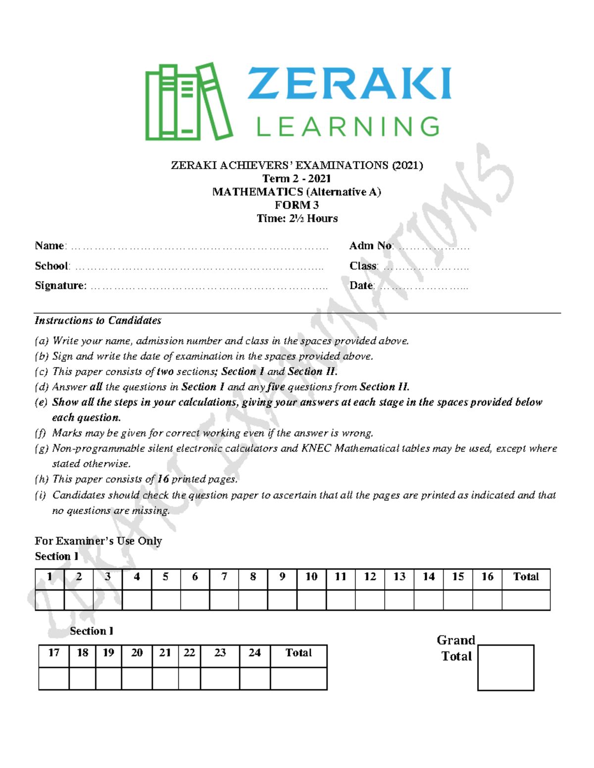 Mathematics Form 3 - Zeraki Achievers 2.0 - Question paper - ZERAKI ...