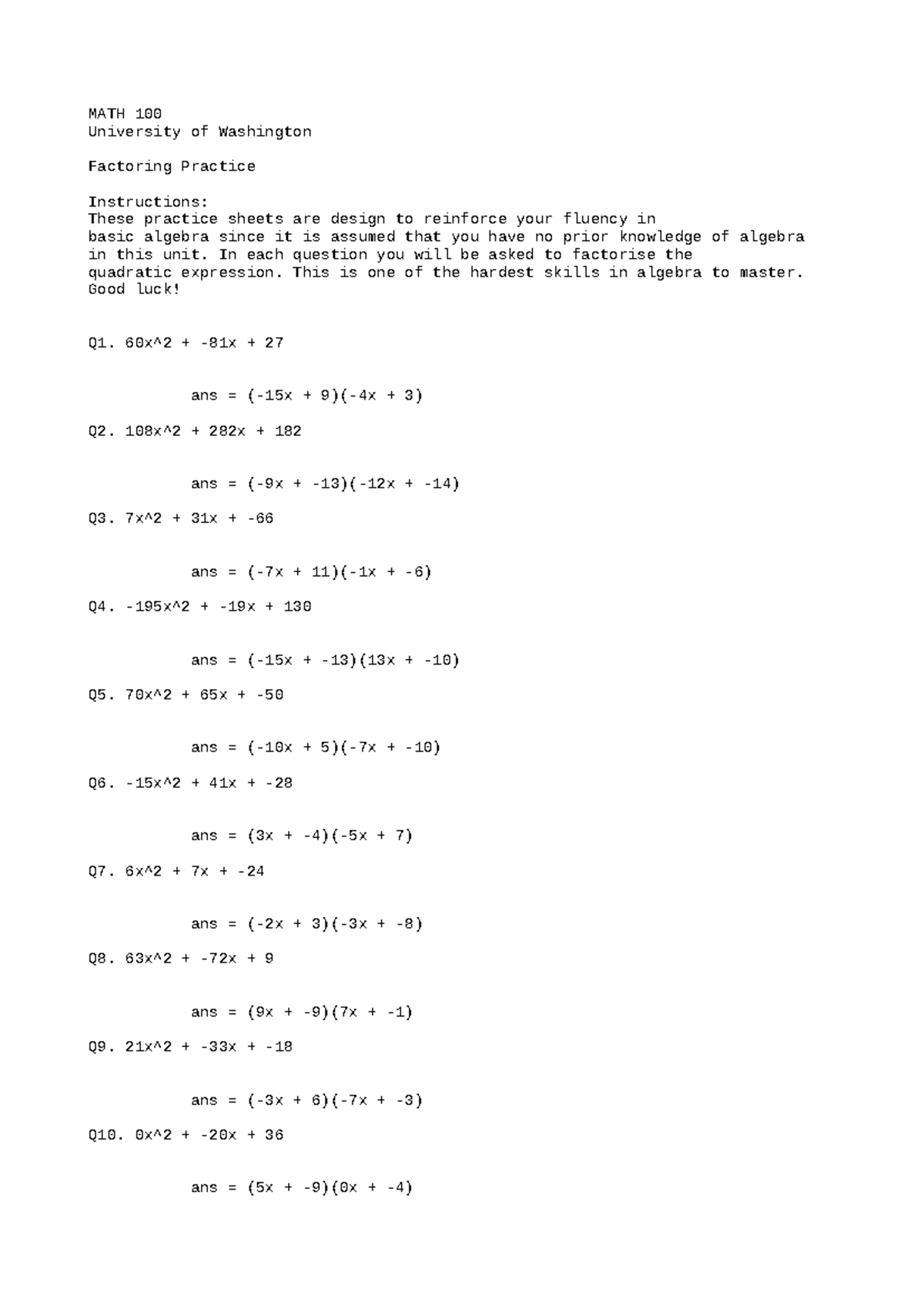 MATH100 factoring quadratics practice worksheet 60 - MATH 100 University of Washington Factoring ...