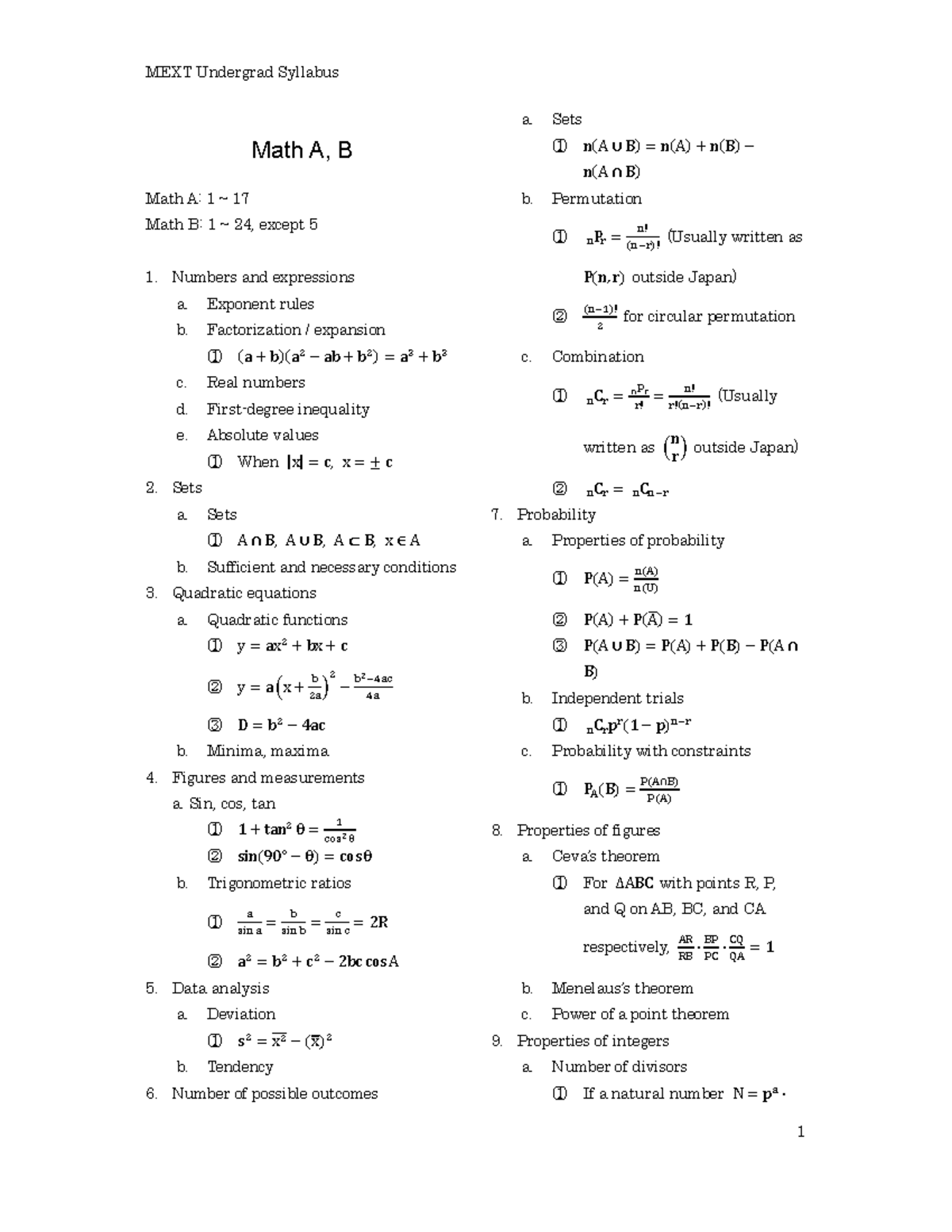 Detailed MEXT Undergrad Syllabus - Math A, B Math A: 1 ~ 17 Math B: 1 ...