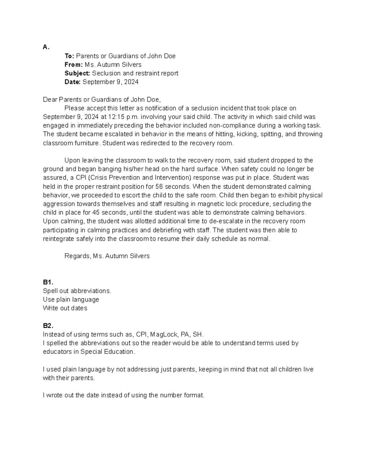 D270 Task 1 - Passed. - A. To: Parents or Guardians of John Doe From ...