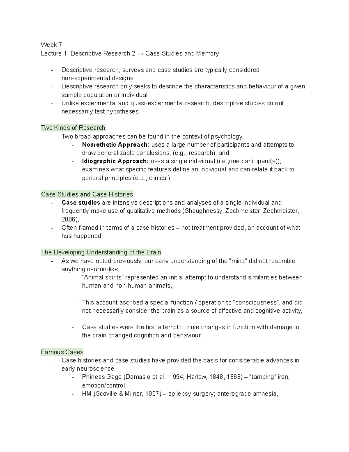 PSYC 2001 Quiz 4 Material - Week 7 Lecture 1: Descriptive Research 2 → Case Studies and Memory ...