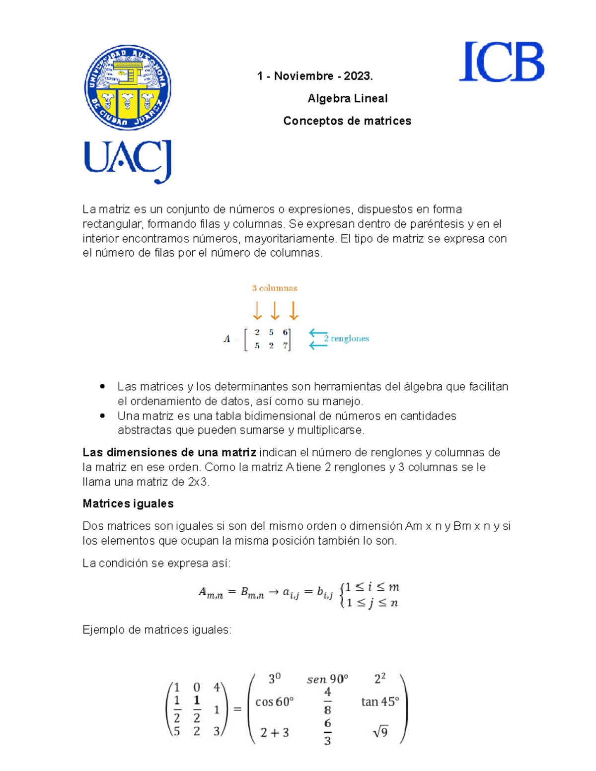 Matrices - Resumen Algebra Lineal - 1 - Noviembre - 2023. Algebra ...