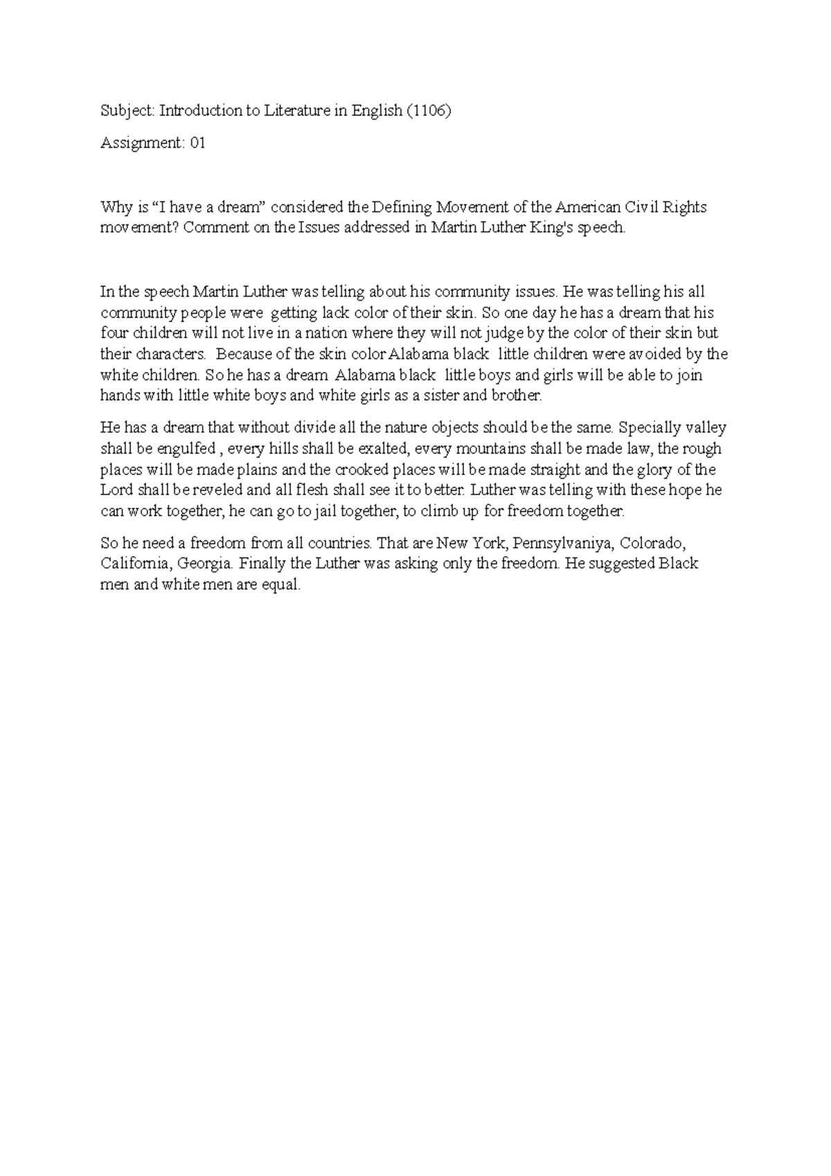 Literature Assignment - Subject: Introduction to Literature in English ...