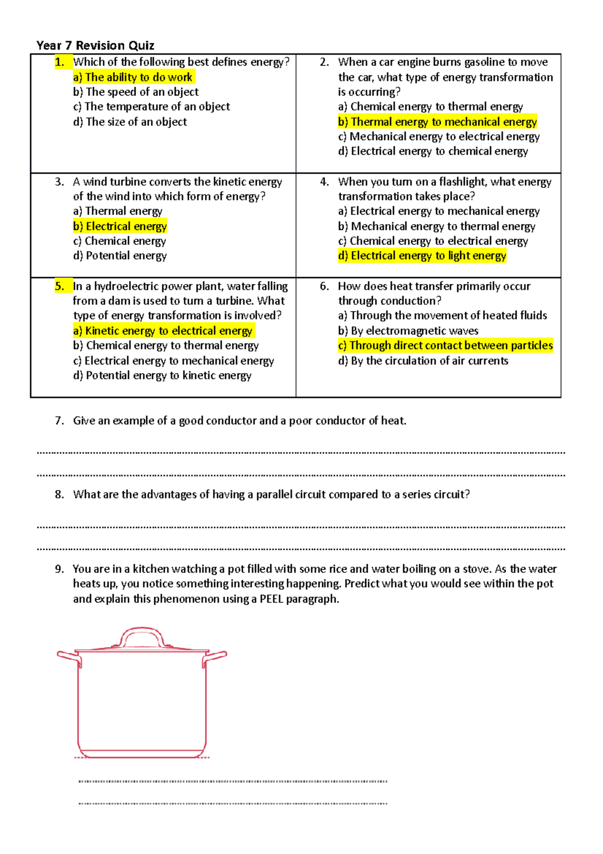 Year 7 Energy Revision Quiz - Year 7 Revision Quiz Which of the ...