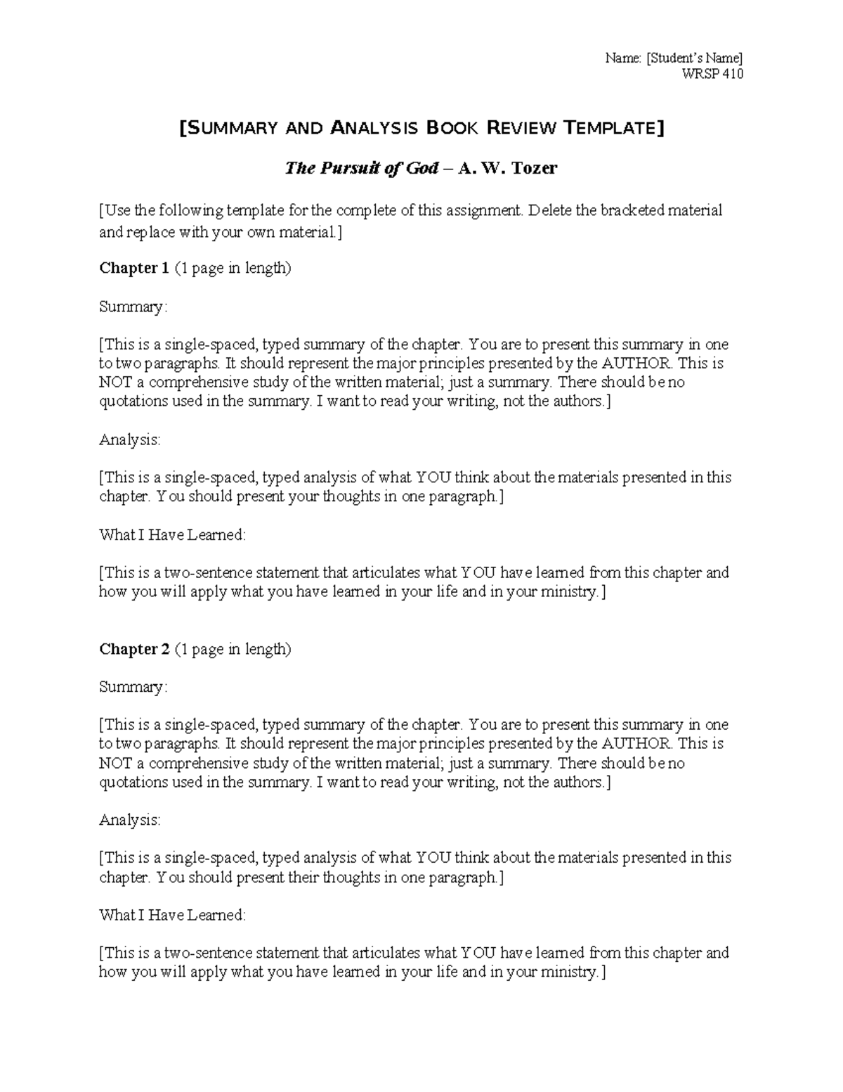 Summary and Analysis Book Review Template-1 - Name: [Student’s Name ...