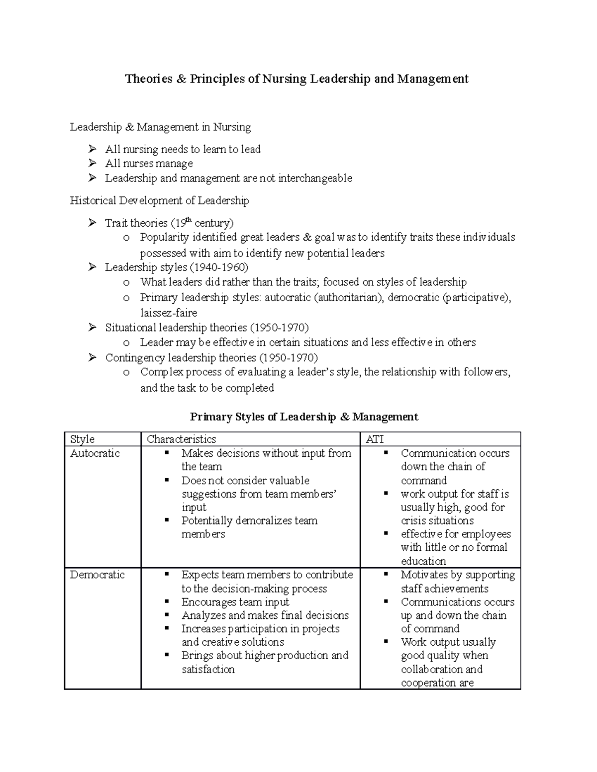 Theories & Principles of Nursing Leadership & Management - Theories ...