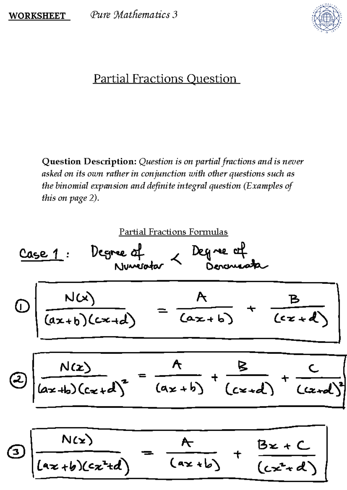 P3 - Partial Fractions Question - Worksheet 1 - Question Description ...