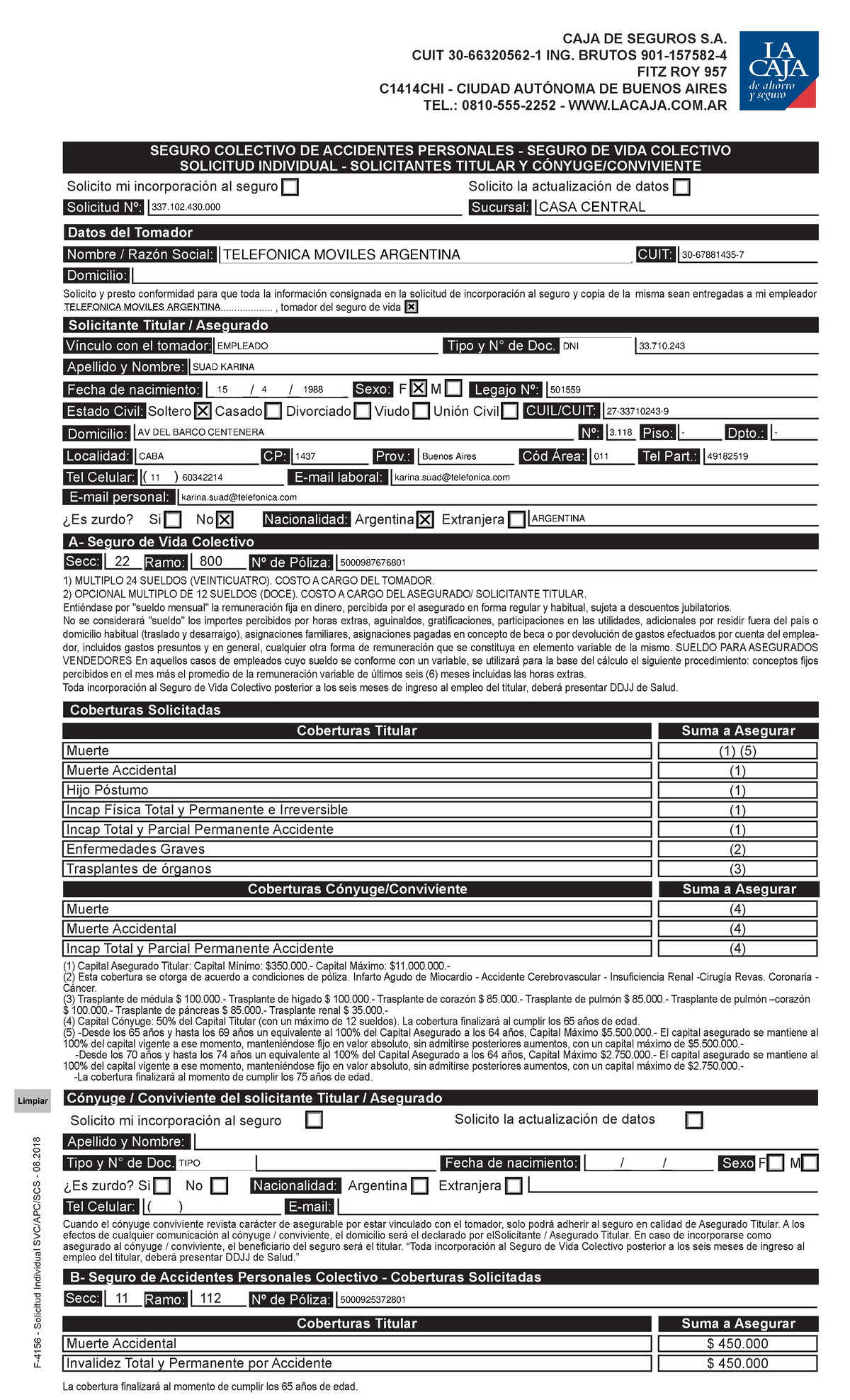 Formulario Seguros de Vida Colectivos tma - F-4156 - Solicitud ...
