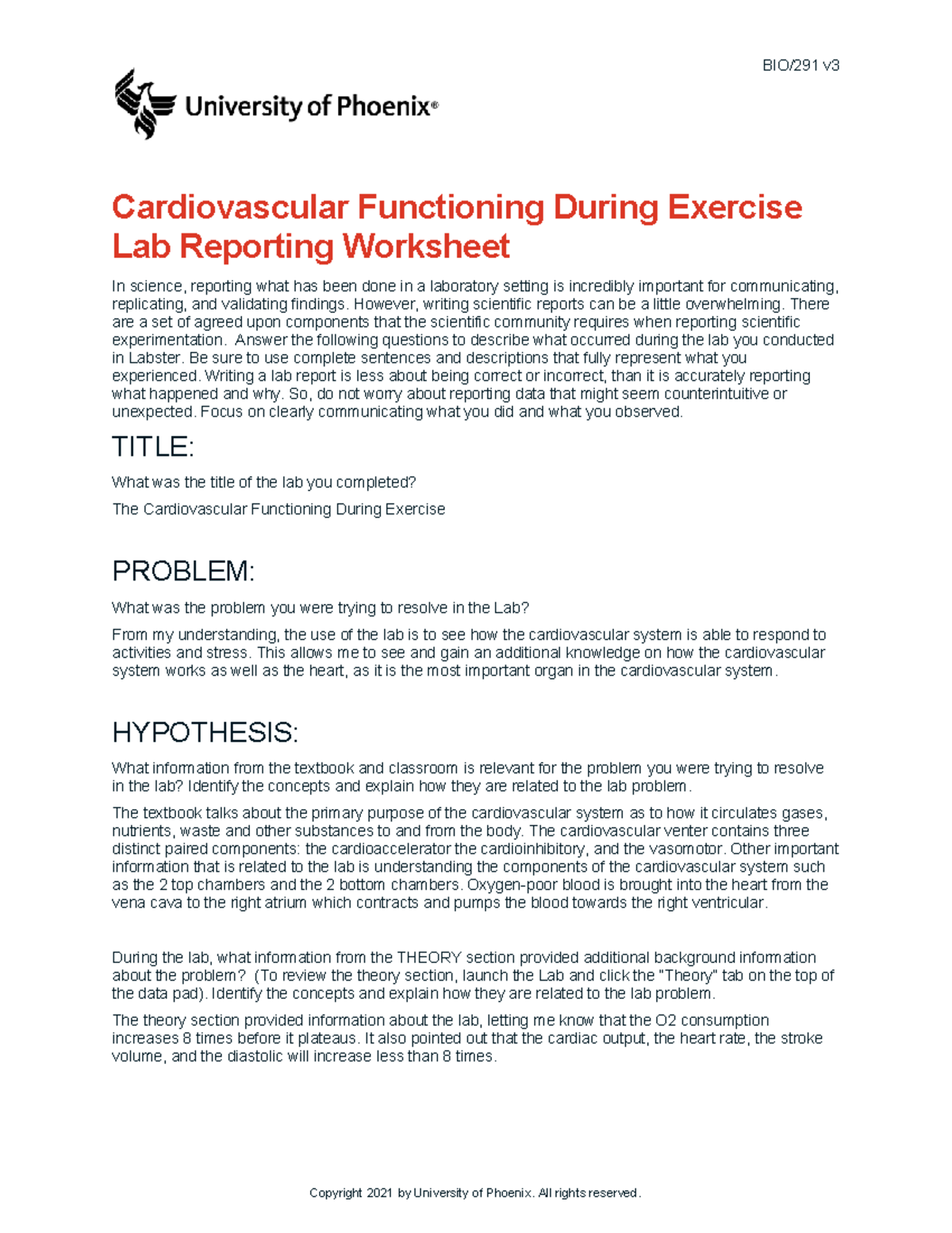 Bio291 v3 wk2 the cardiovascular functioning during exercise lab report ...