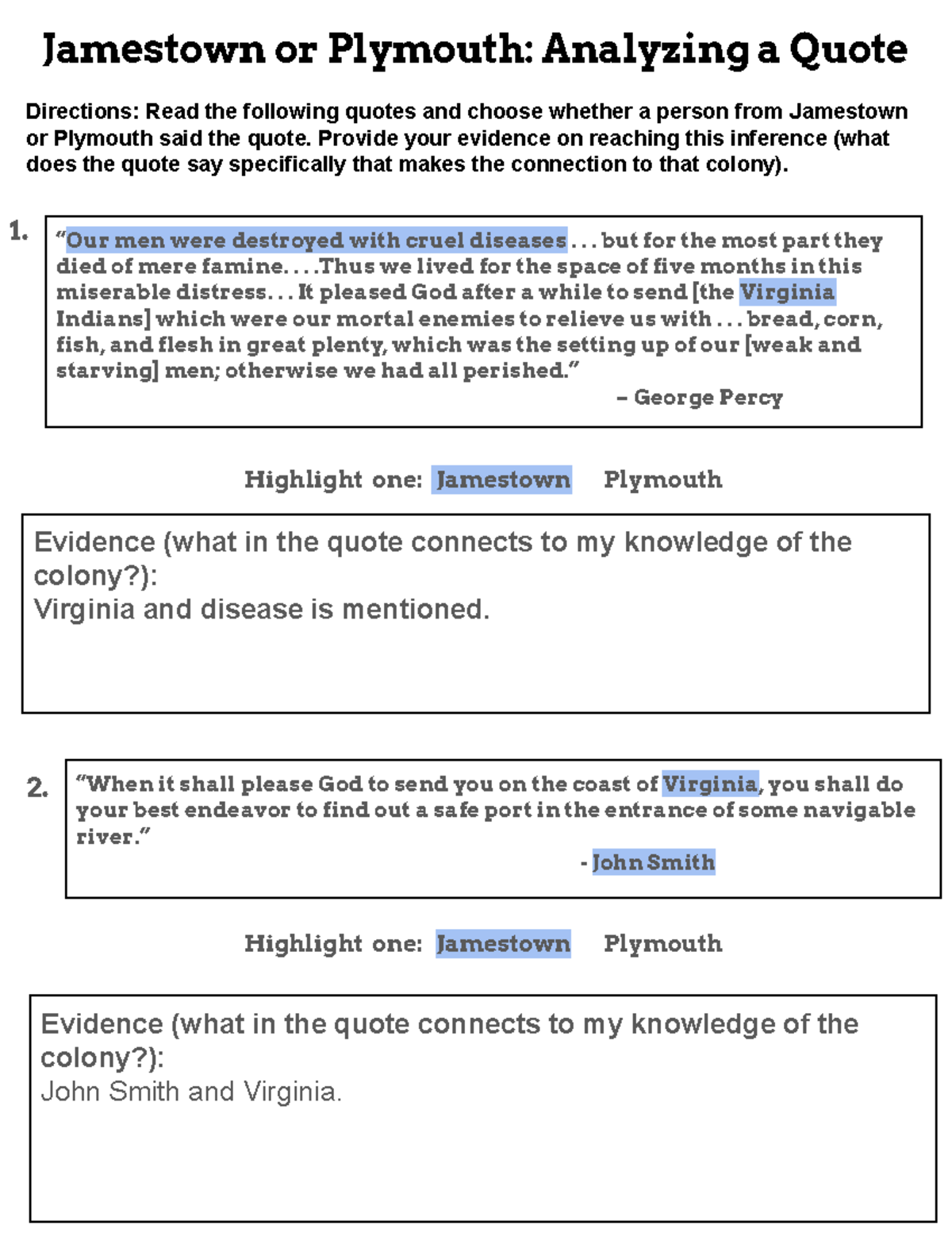 Copy of Jamestown or Plymouth Analyzing Quote - Jamestown or Plymouth ...