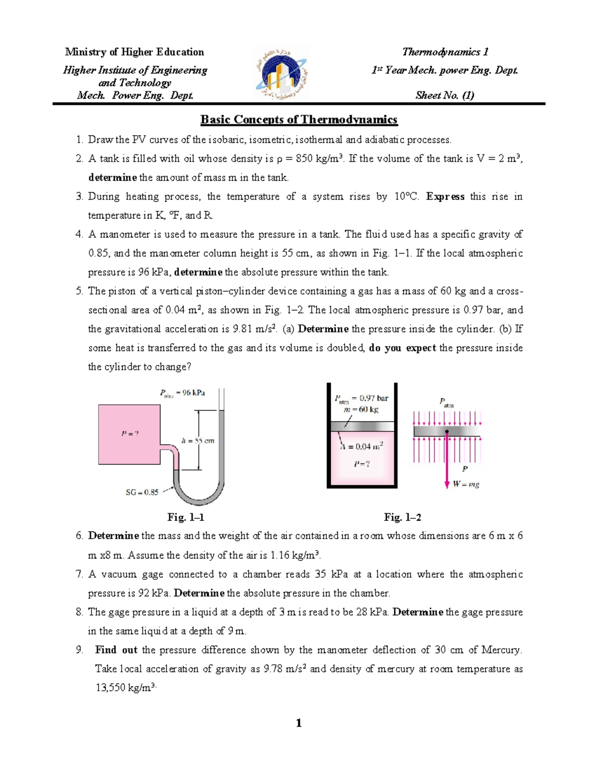 Sheet 1 - Thermodynamics course by Dr. Mohamed Elsayed Ahmed - 1 ...