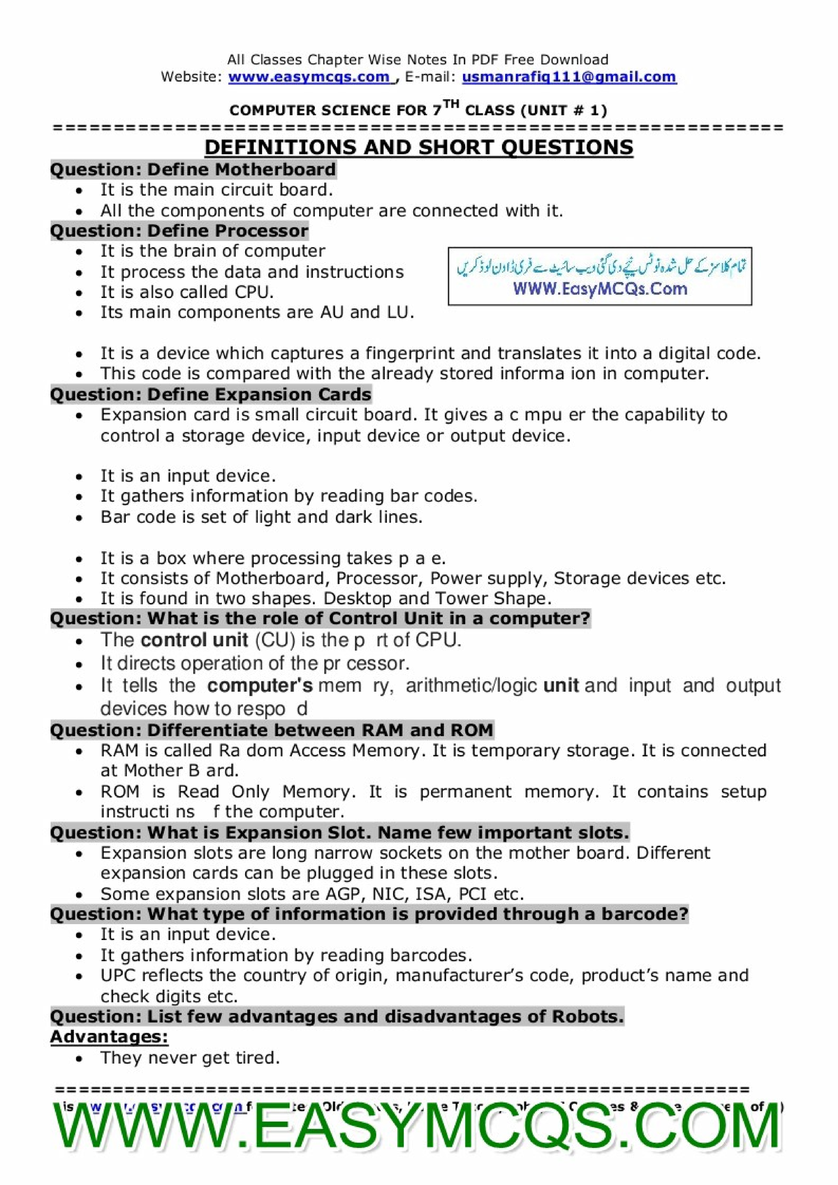 7th Class Computer Science Unit 1 Notes - Studocu