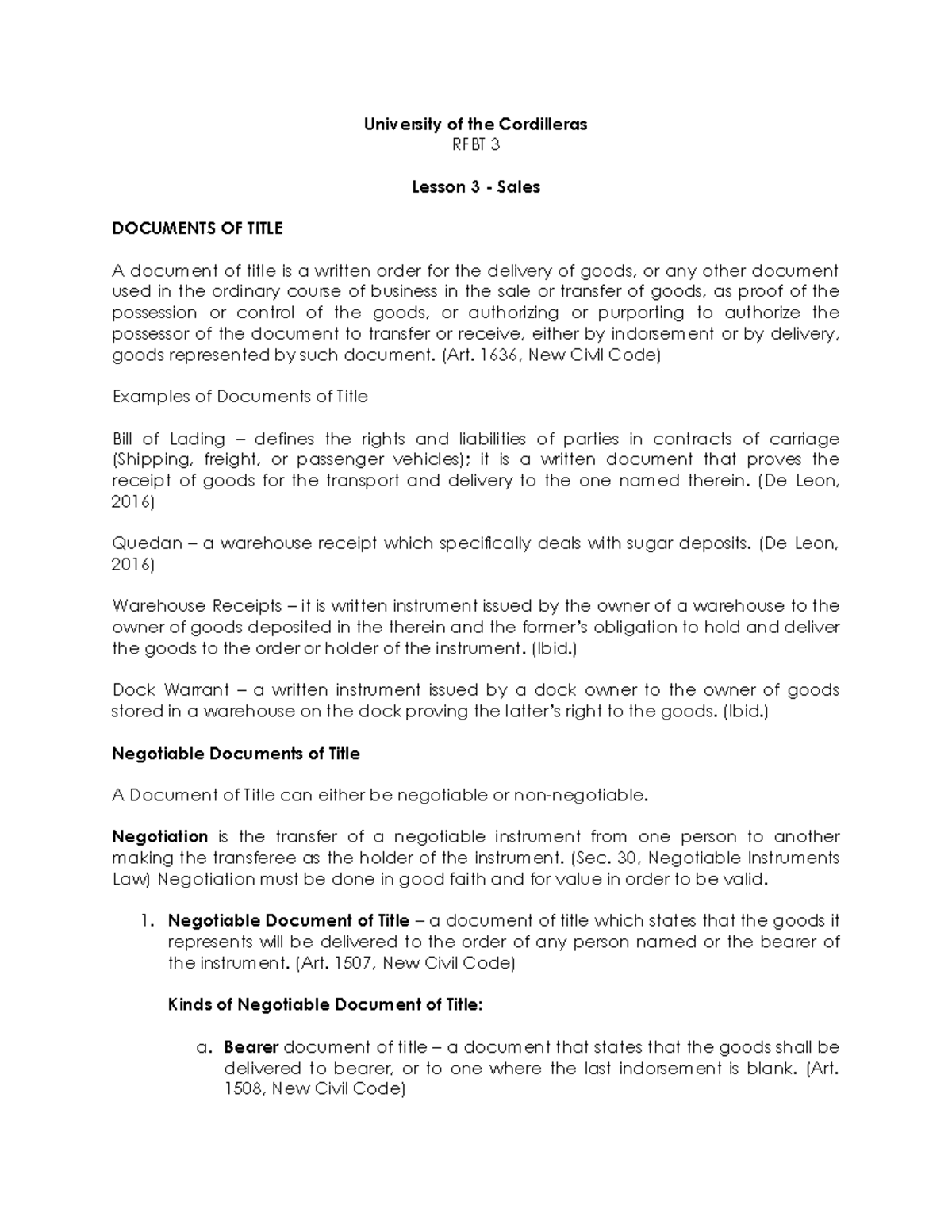 Module 1 - Sales - Lesson 3 - University of the Cordilleras RFBT 3 ...