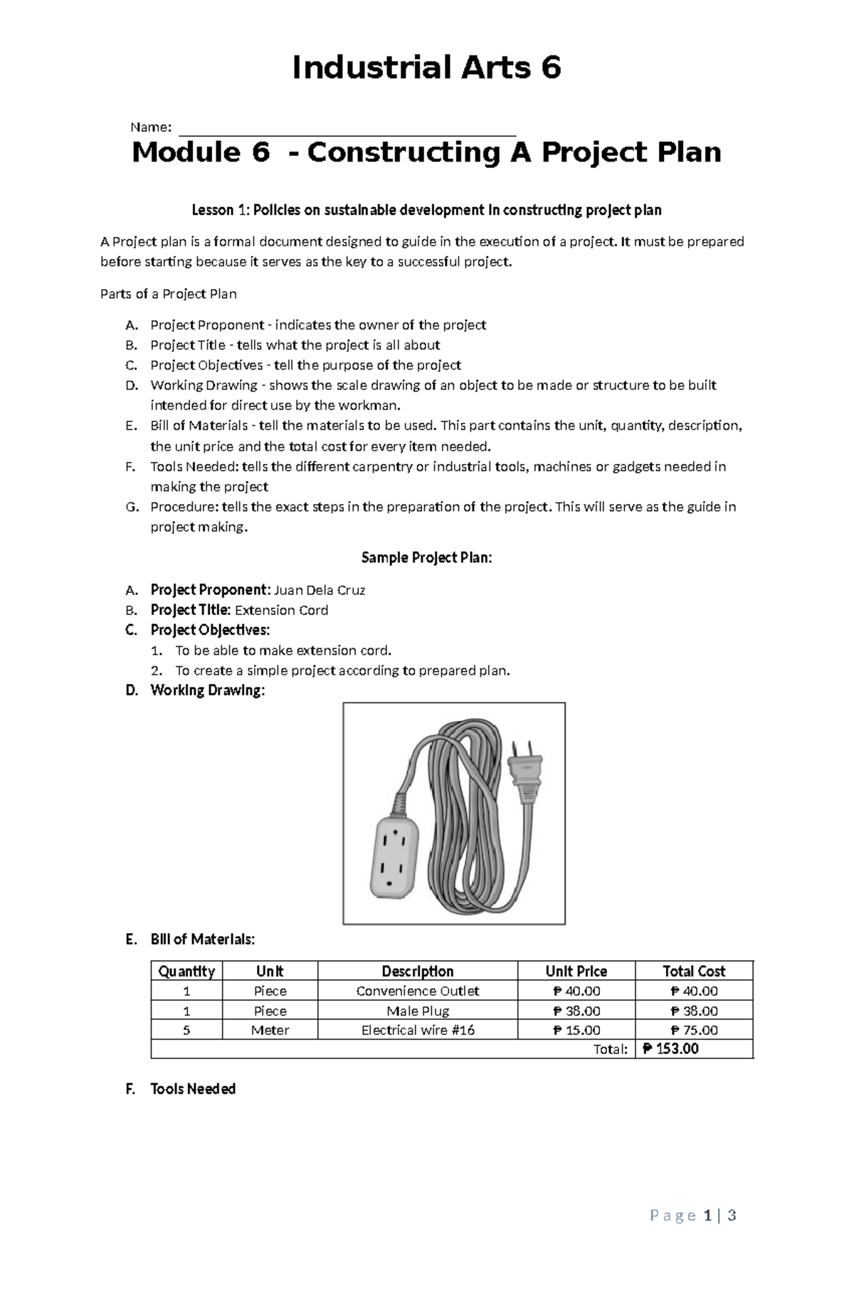 IA6 Module 6 Constructing A Project Plan - Industrial Arts 6 Name ...