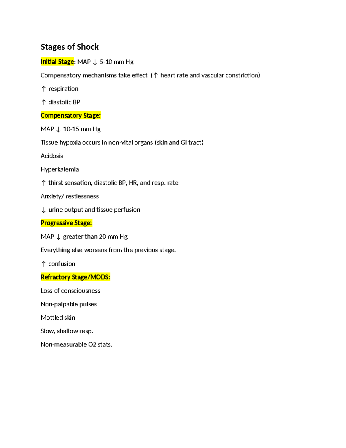 Shock Handout - Stages of Shock Initial Stage: MAP ↓ 5-10 mm Hg ...
