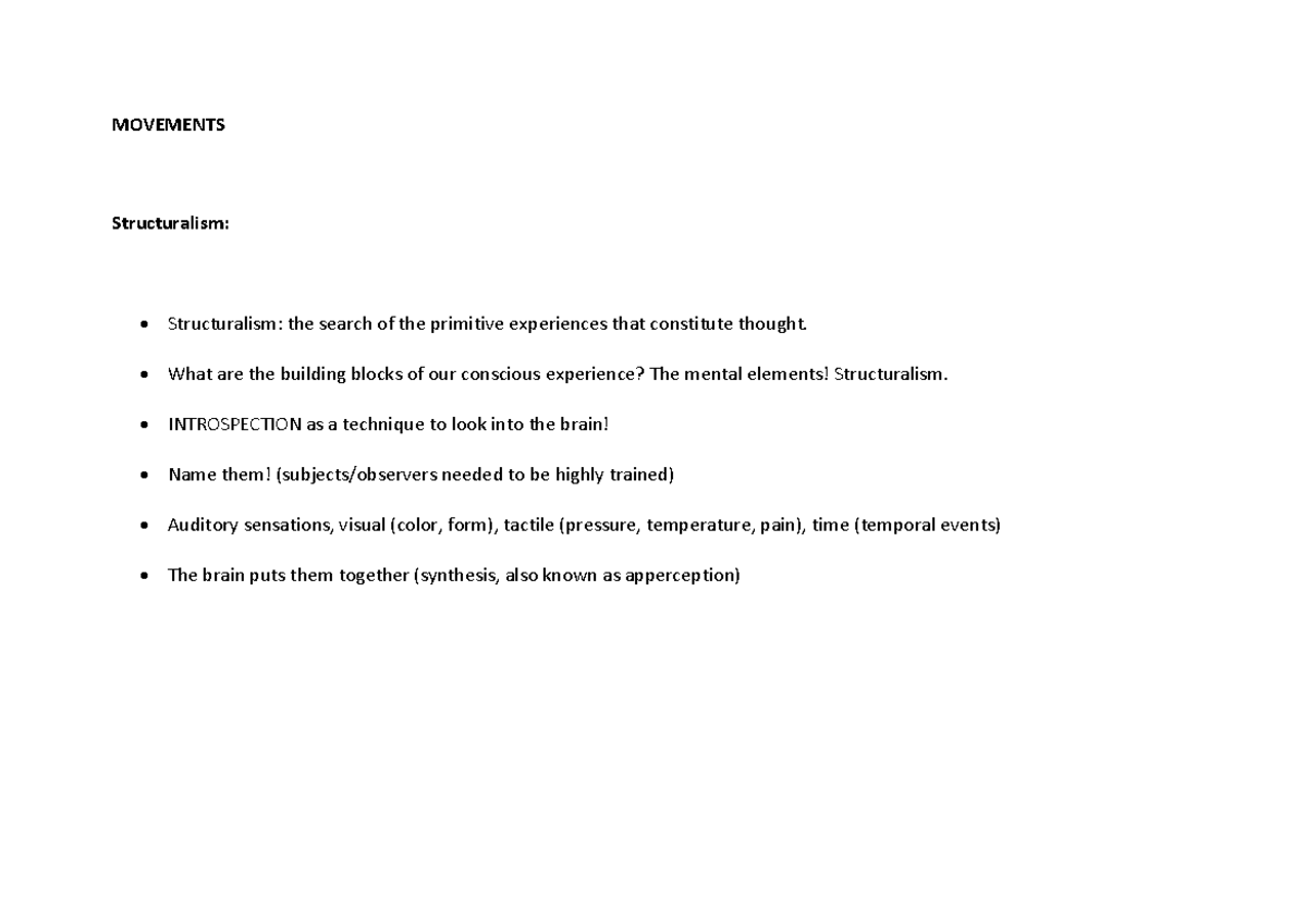 Movements - PSY1001 - MOVEMENTS Structuralism: Structuralism: the ...