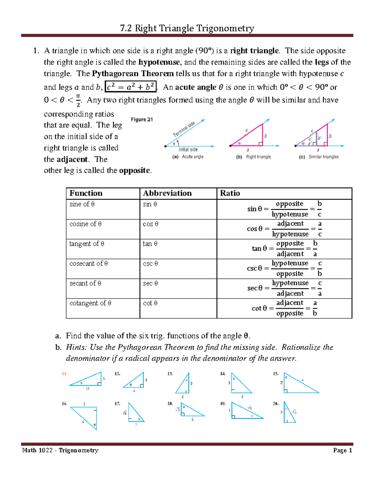 7 2 Right Triangle Trigonometry 181220 - A triangle in which one side ...