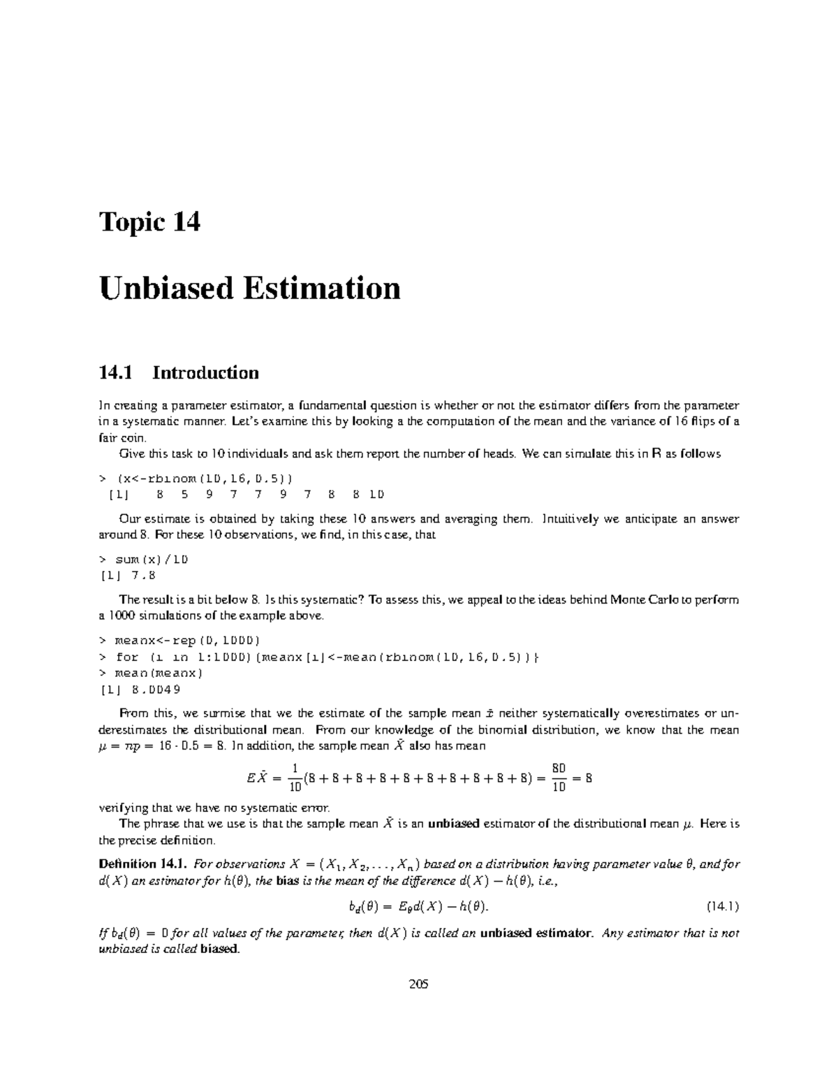 N unbiased - hsssssssssssssssss - Topic 14 Unbiased Estimation 14 Introduction In creating a ...