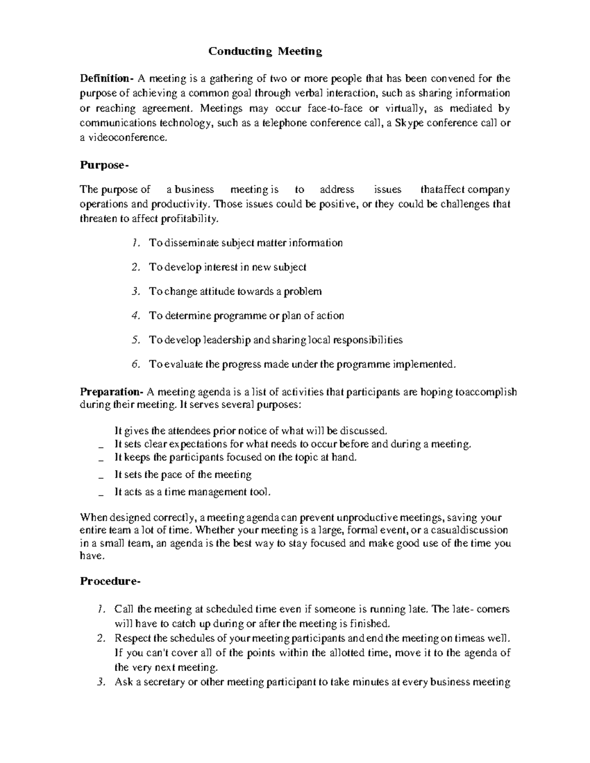 conducting a meeting - Conducting Meeting Definition- A meeting is a ...