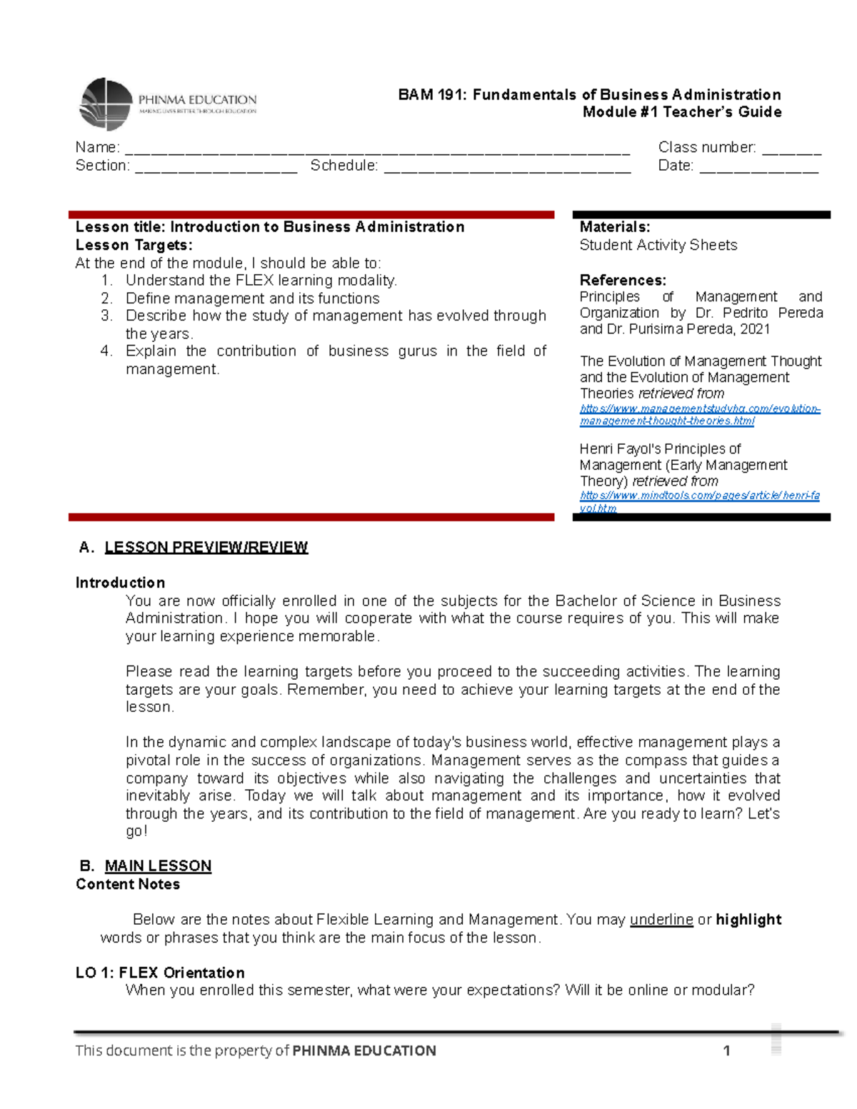 TG#1 BAM 191 - sefs - Module #1 Teacher’s Guide Name: - Studocu