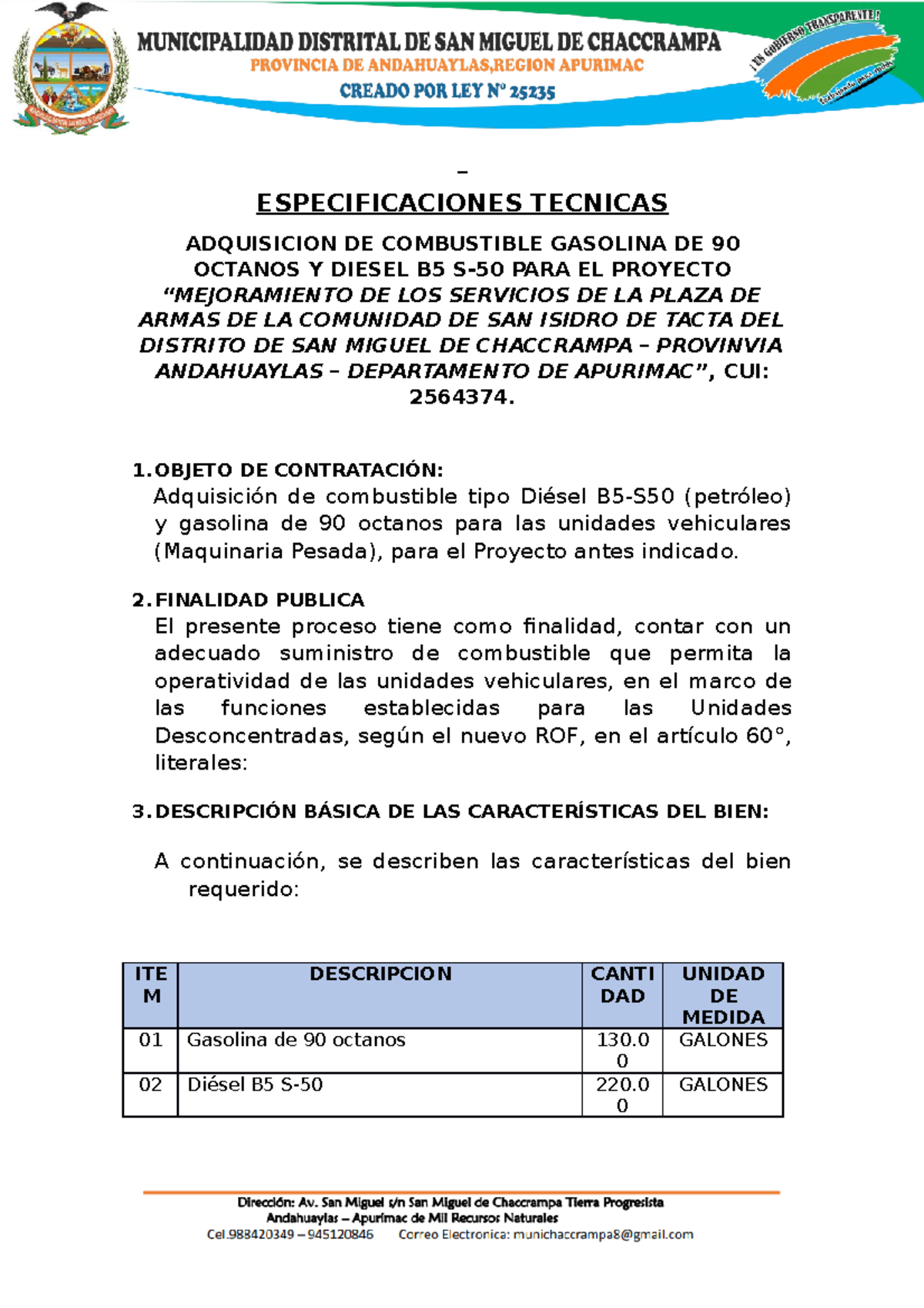 Especificaciones Tecnicas Combustible - ESPECIFICACIONES TECNICAS ADQUISICION DE COMBUSTIBLE ...