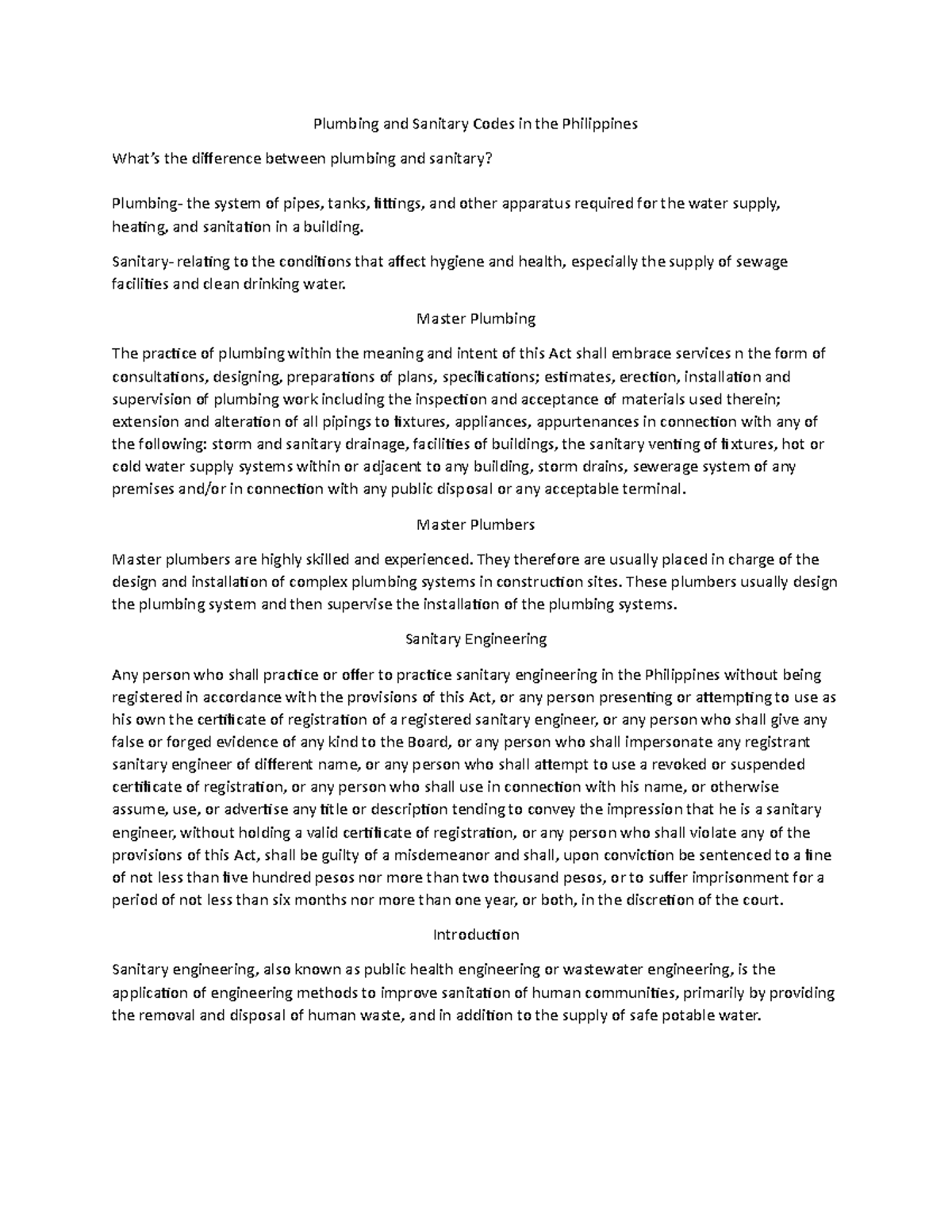 Plumbing and Sanitary Codes in the Philippines - Sanitary- relating to ...
