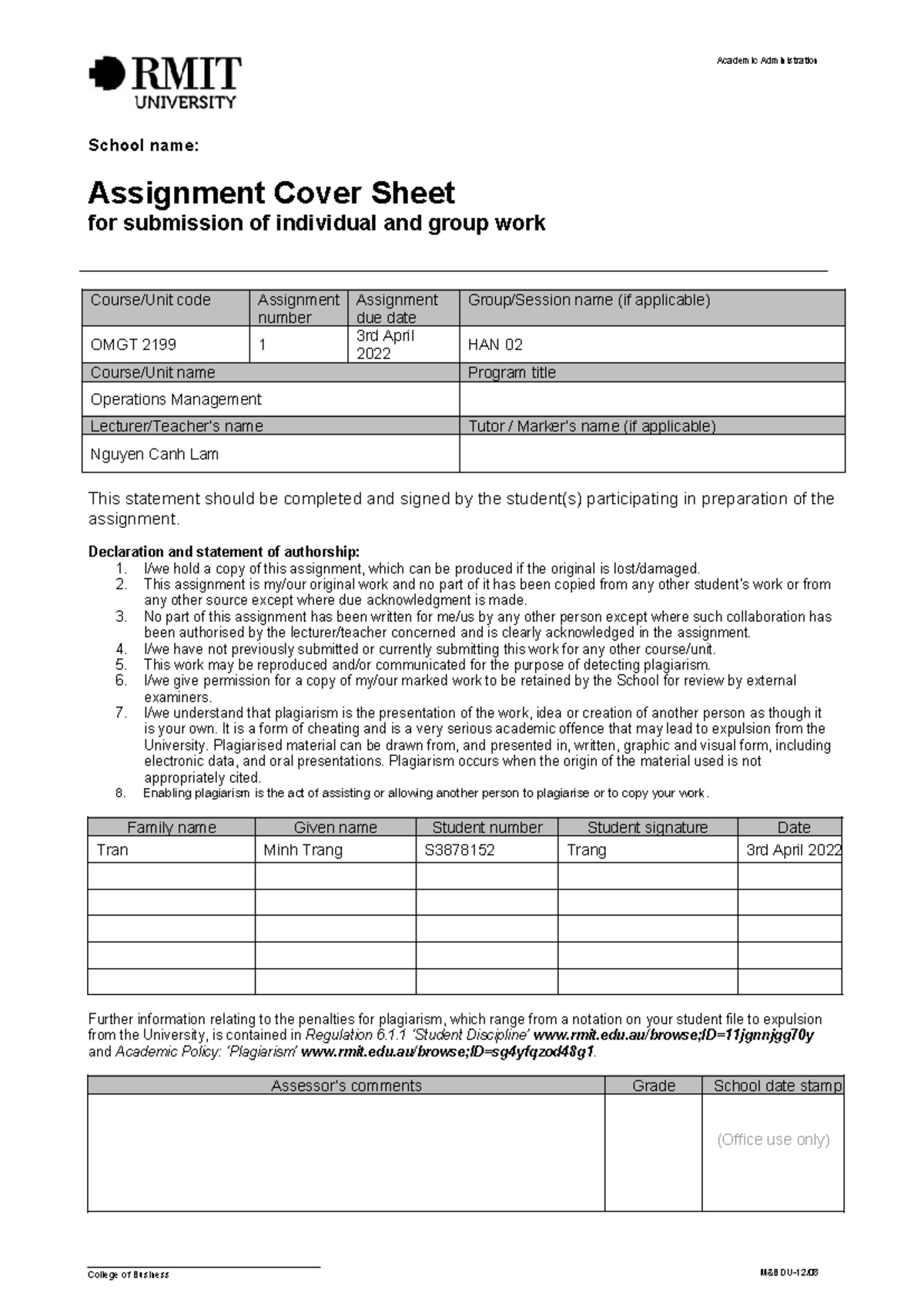 OMGT2199 ASM1 lecturer notes - Academic Administration School name ...