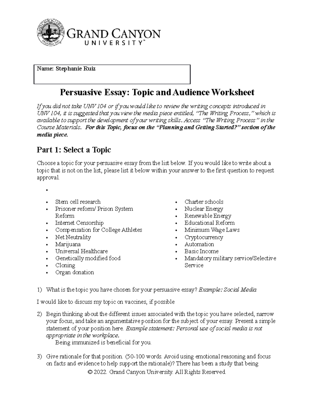 week 1 Persuasive Essay Topic and Audience Worksheet - Persuasive Essay ...