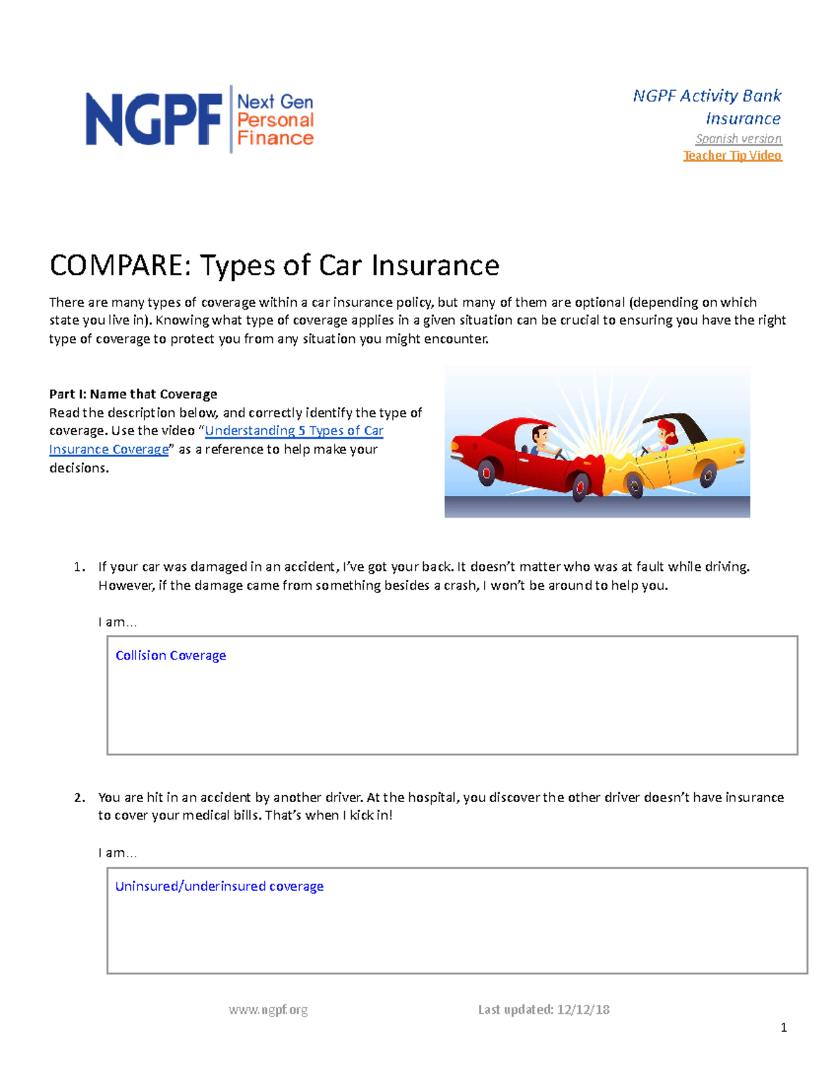 Compare Types of Car Insurance - NGPF Activity Bank Insurance Spanish ...