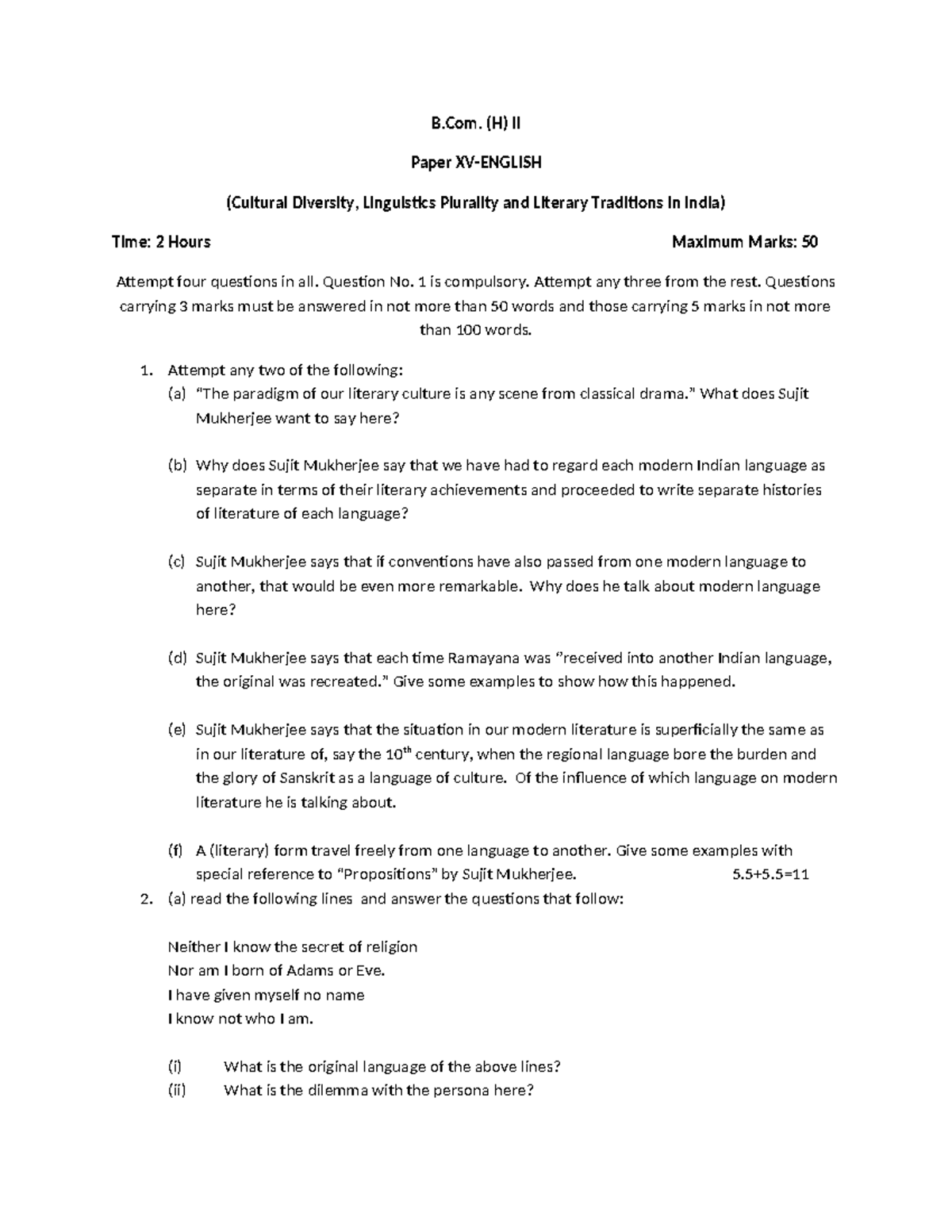 Cultural Diversity - TEST PAPER - B. (H) II Paper XV-ENGLISH (Cultural ...