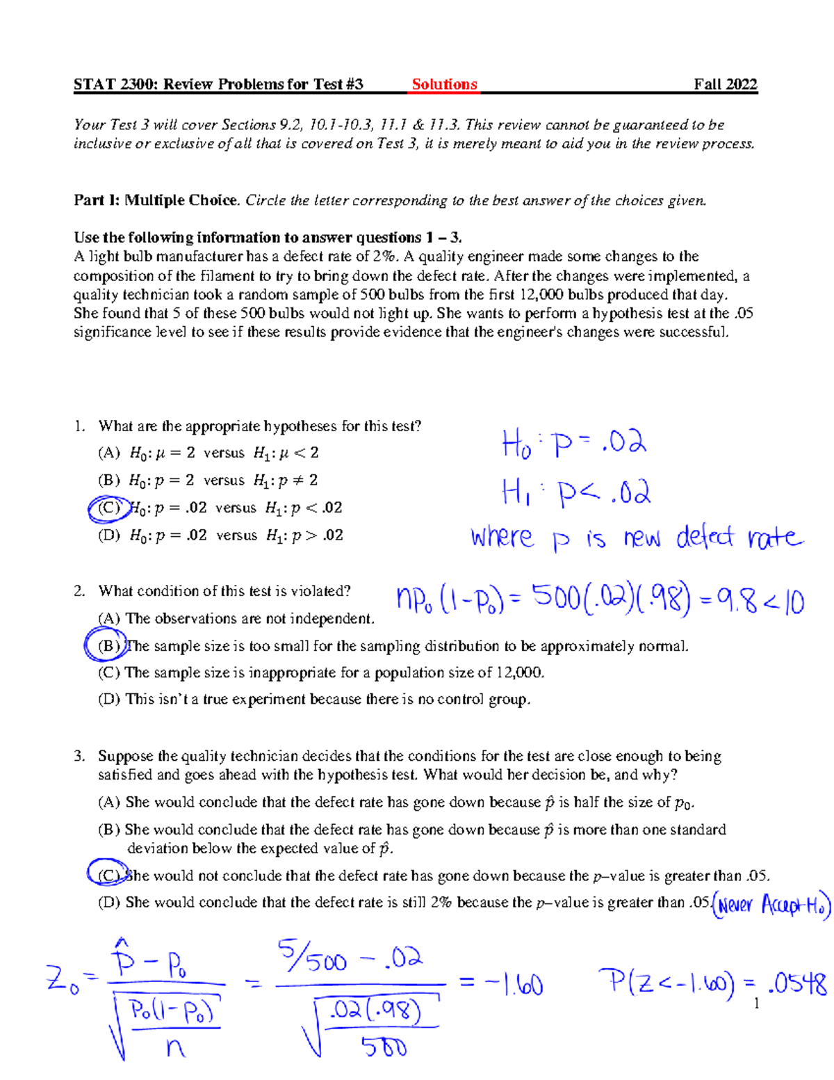 STAT 2300 Test 3 Review - F22- Solutions - STAT 2300: Review Problems ...