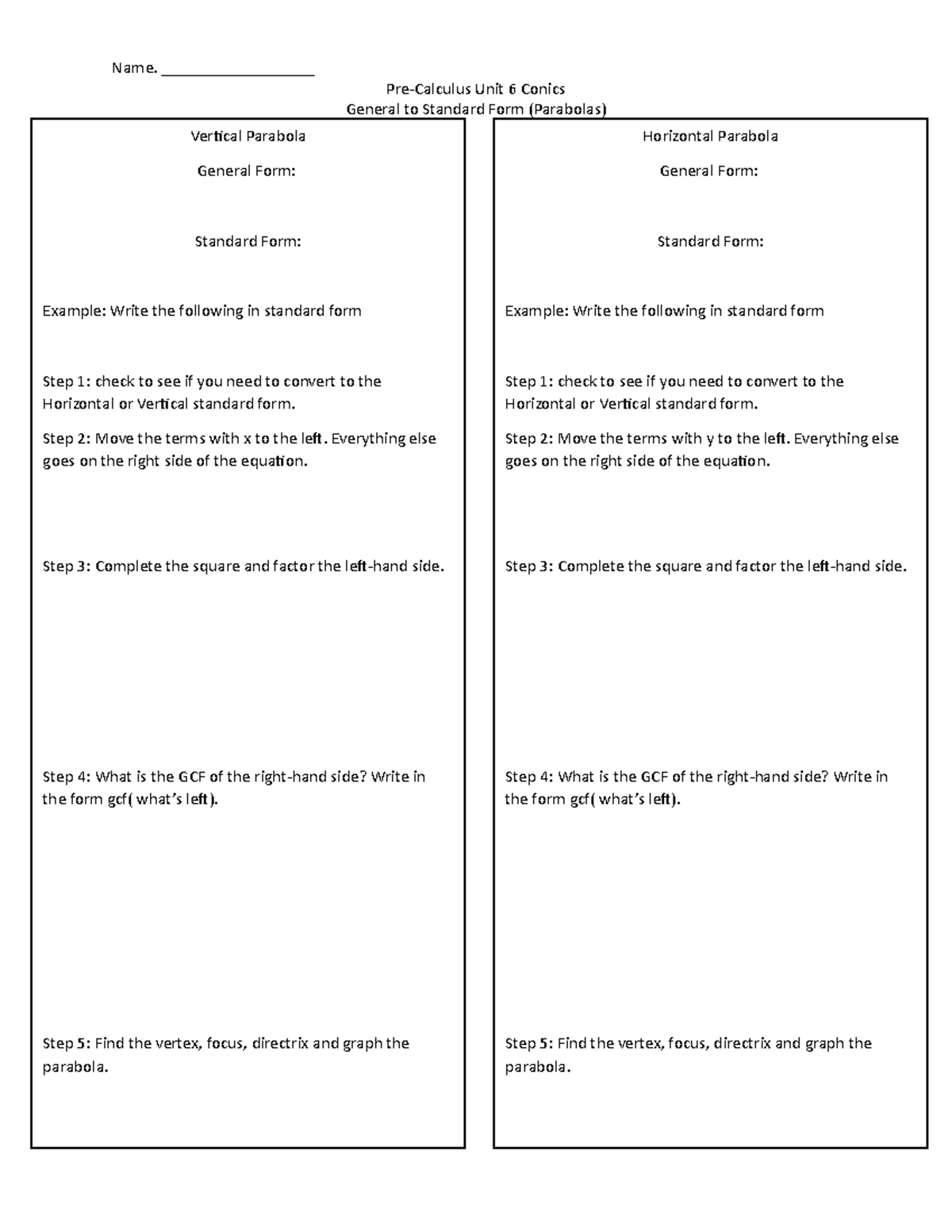 Parabola standard form converting notes - Name. __________________ Pre ...