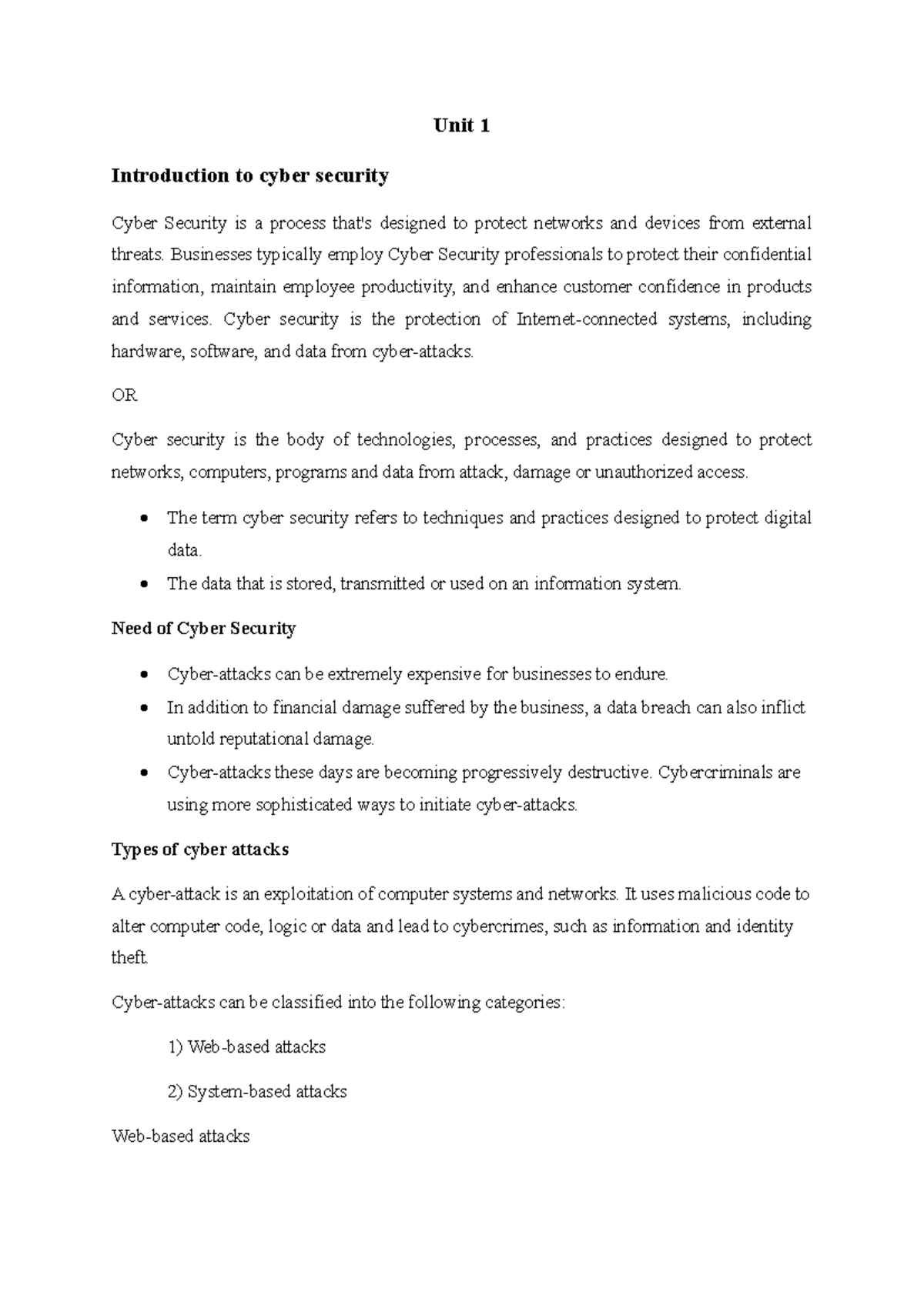 Unit 1 Notes - Unit 1 cyber security - Unit 1 Introduction to cyber ...