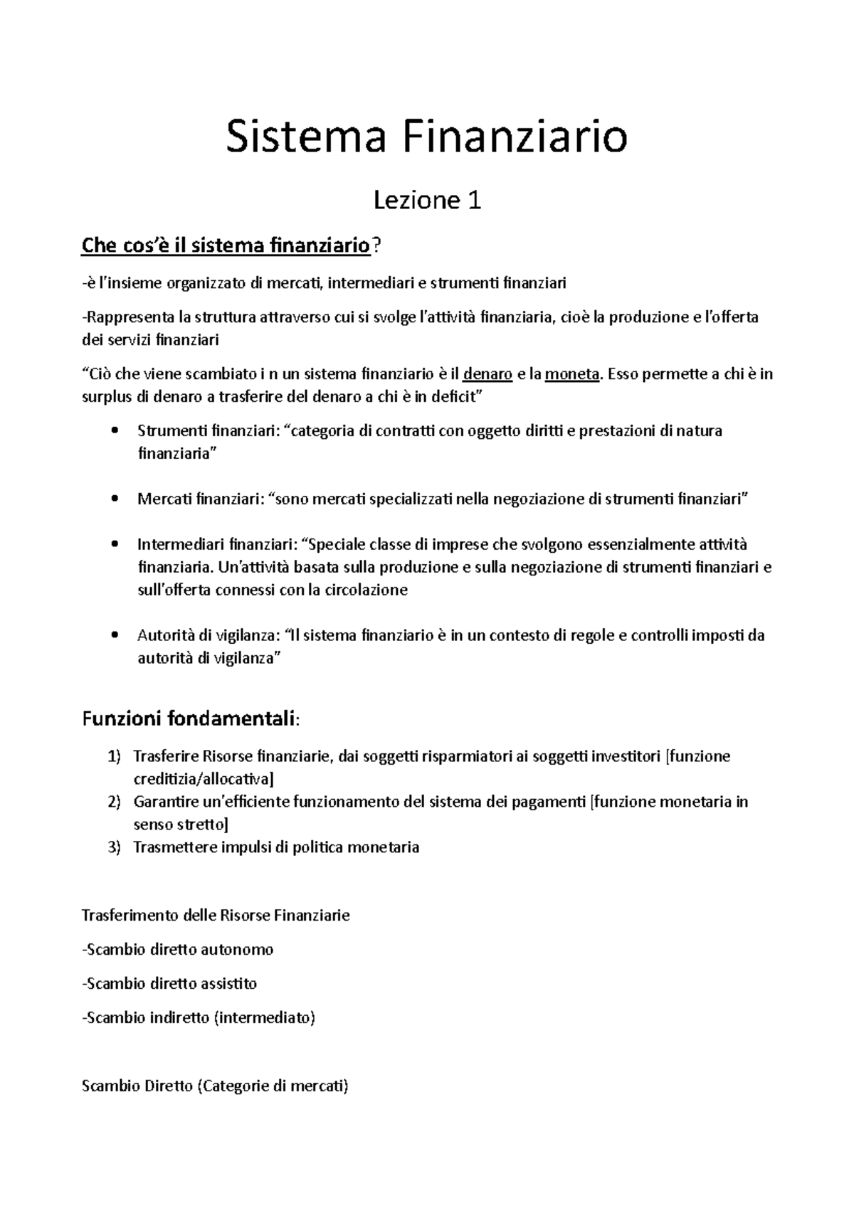 Sistema Finanziario - appunti prima lezione e inizio seconda - Sistema ...
