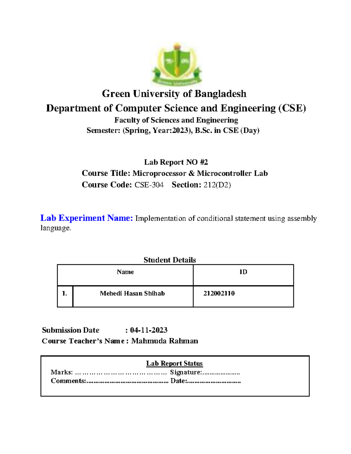 CSE-304Lab Report 2 - Green University of Bangladesh Department of ...