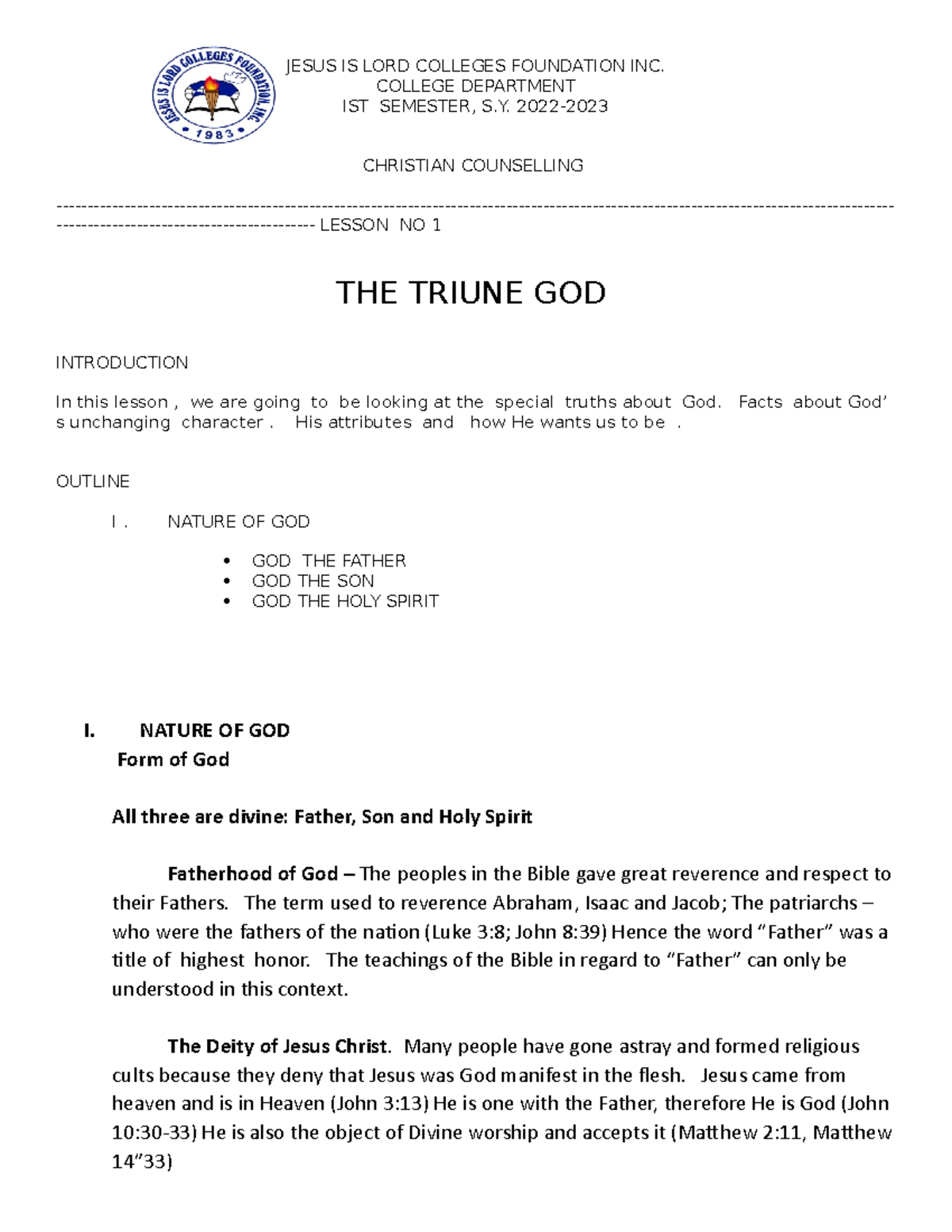 #1 THE Triune GOD - notes - JESUS IS LORD COLLEGES FOUNDATION INC ...